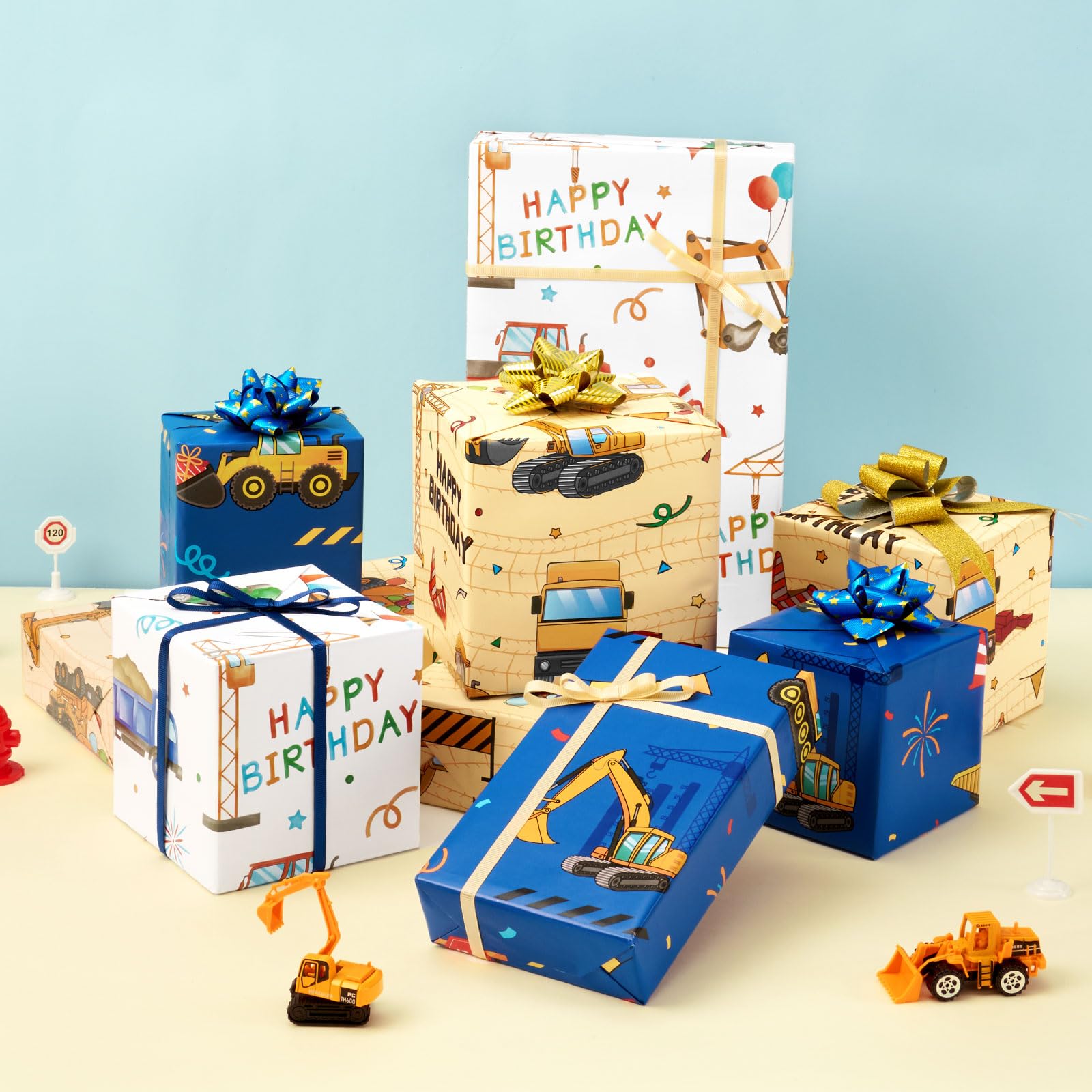 WERNNSAI Construction Wrapping Paper Rolls - 3 Short Rolls Birthday Wrapping Paper Rolls Kids Boys Wrapping Paper Rolls Trucks Wrapping Paper Blue Yellow White Gift Wrapping Paper with Cut Lines 17 in x 10 ft