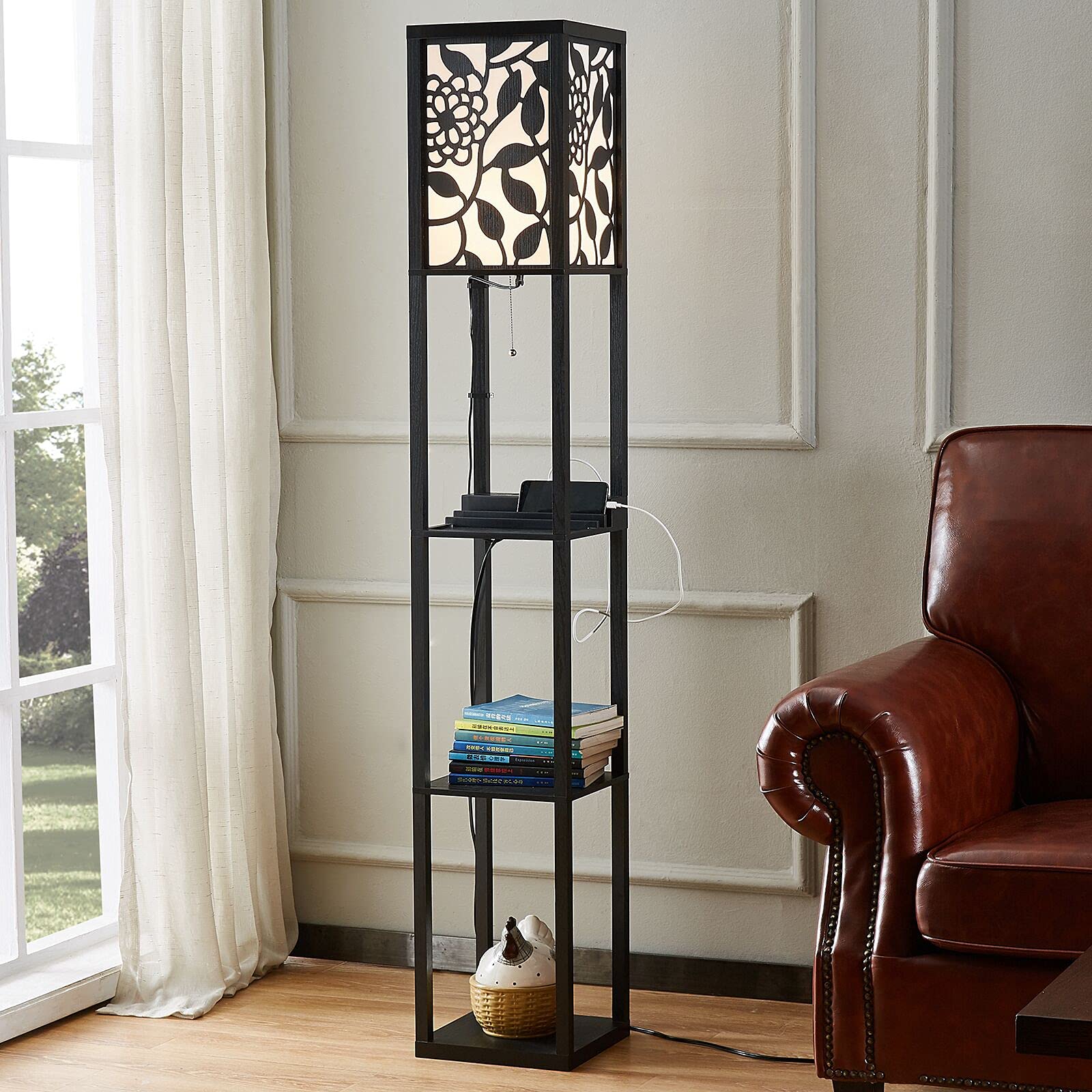 Floor Lamp with Shelves -Shelf Floor Lamp with 2 USB Charging Ports & Electric Outlet - Tall & Narrow Tower Nightstand for Living Room & Bedroom - Modern, Asian End Table with Light Attached