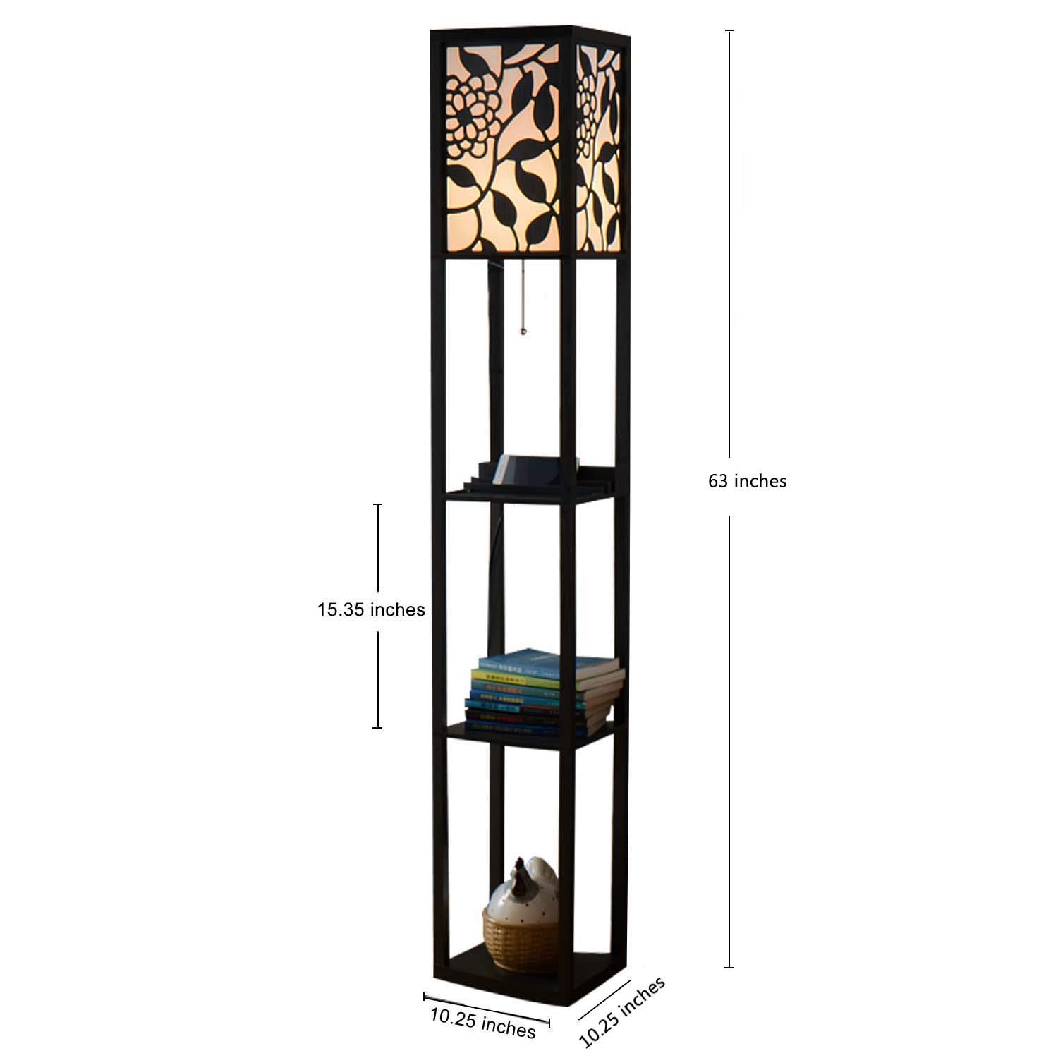 Floor Lamp with Shelves -Shelf Floor Lamp with 2 USB Charging Ports & Electric Outlet - Tall & Narrow Tower Nightstand for Living Room & Bedroom - Modern, Asian End Table with Light Attached