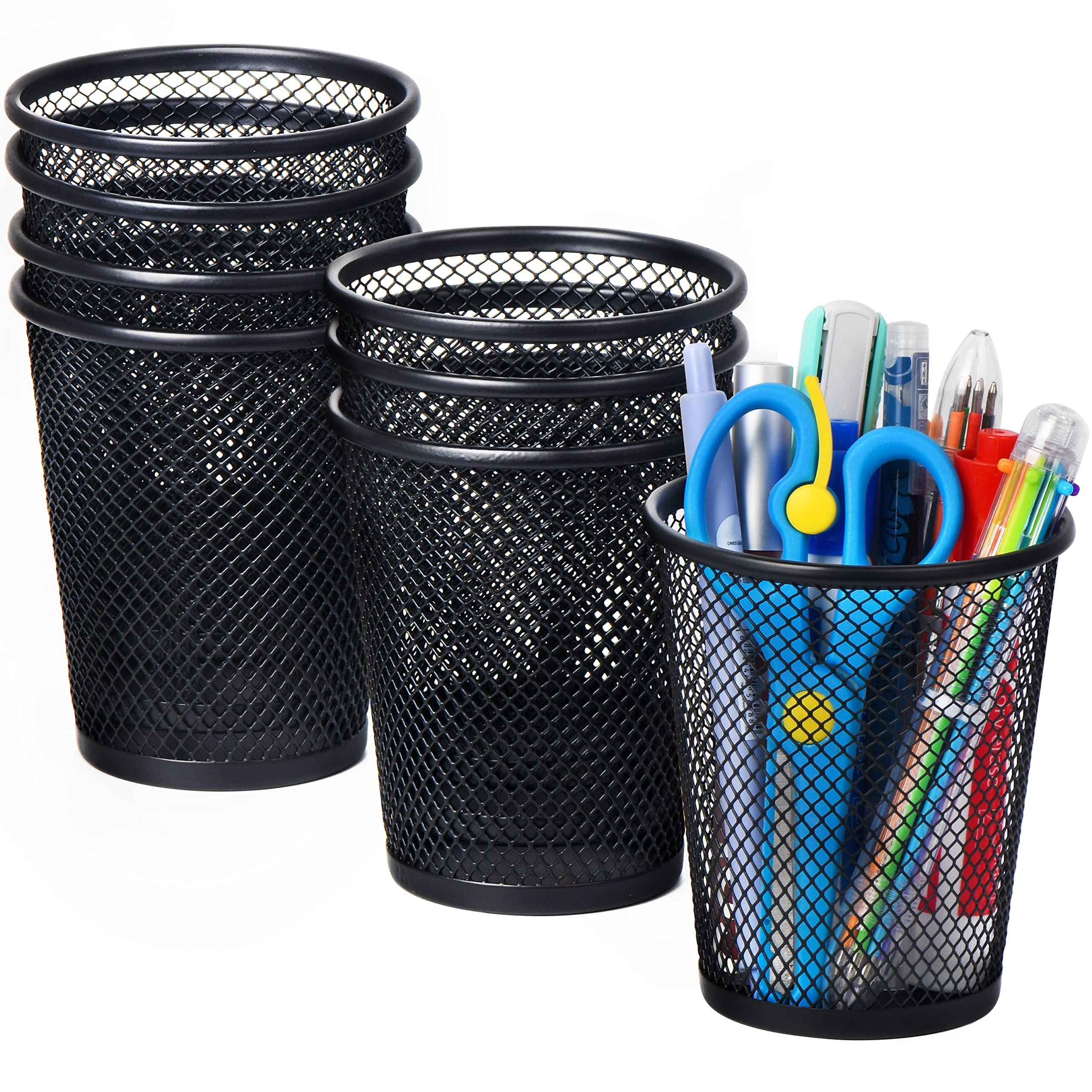 HappyHapi Mesh Pen Holder 8pcs, Black Pen Holder for Desk, Pencil Holder for Desk, Metal Pencil Cup, Pen Cup for Desk, Mesh Pen Pencil organizer for Desk, Ideal for Office, School, Home