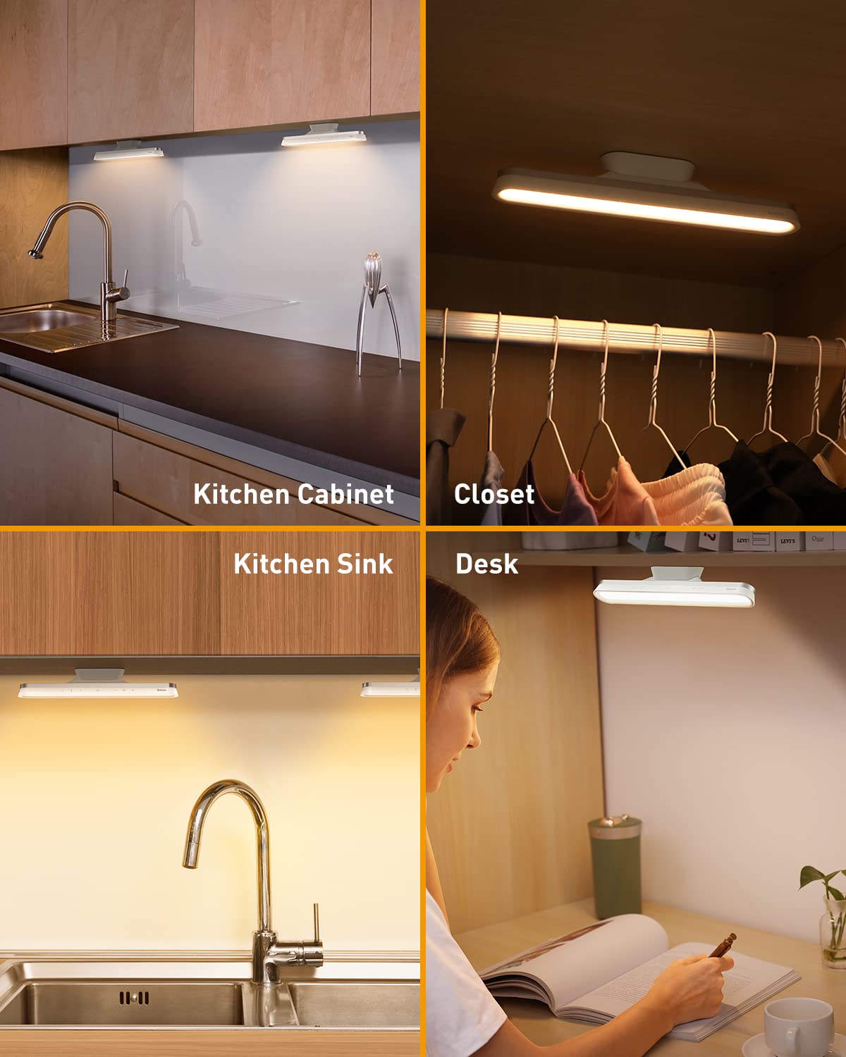 Baseus 42LED Wireless Under Cabinet Lighting, Magnetic Closet Light, Dimmable, Touch Control, Adjustable Color Temperature/Brightness, Rechargeable USB-C Powered Kitchen Cabinet Lighting