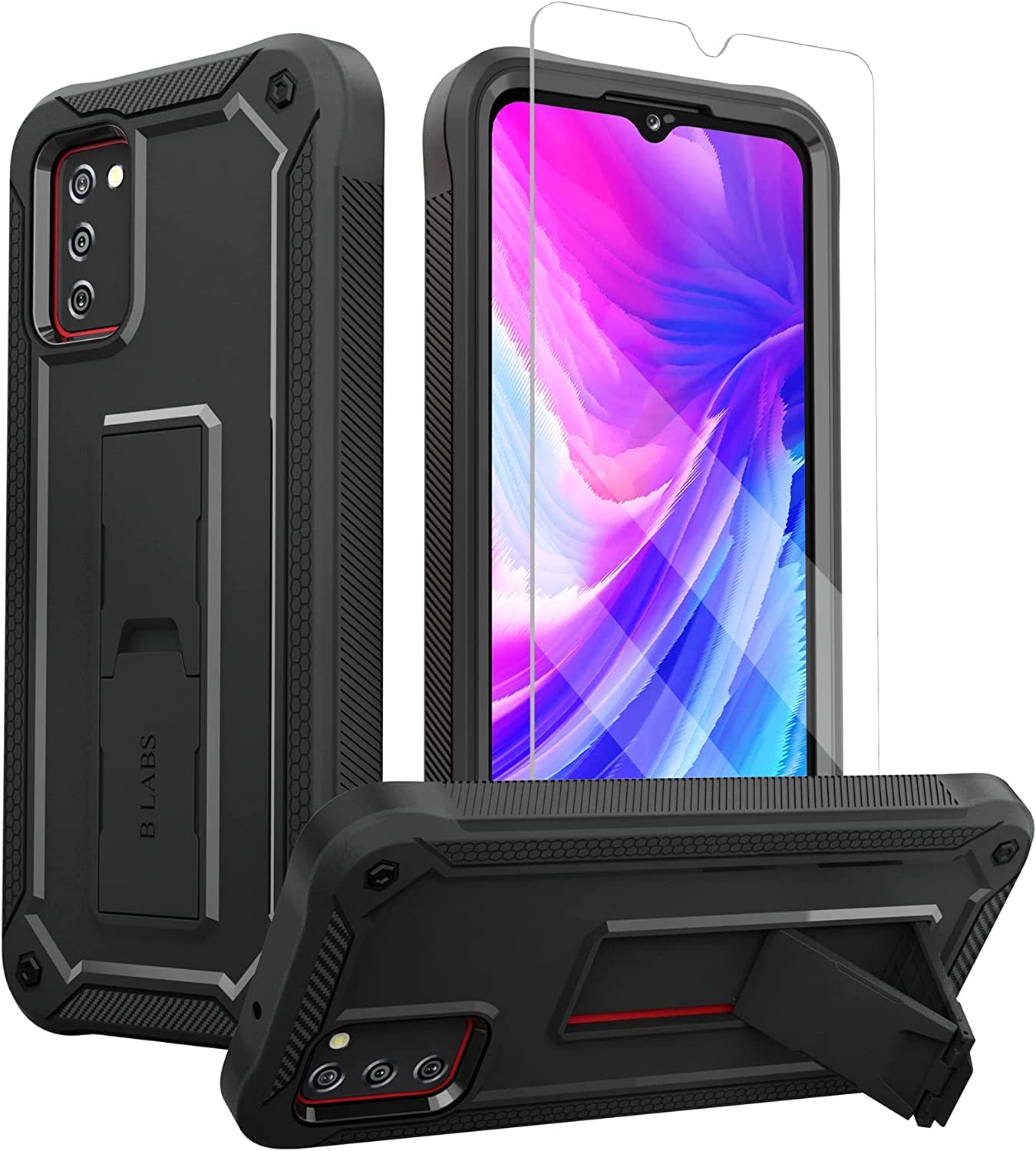 B LABS Compatible with Samsung Galaxy A02s Phone Case - Ultimate Drop Protection with Built-in Screen Protector and Kickstand (Black)