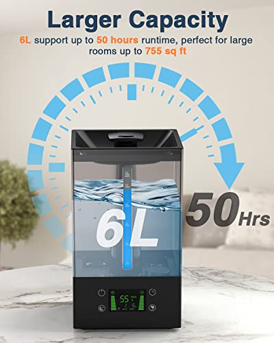 6L Humidifier, Cool Mist Humidifiers with Essential Oils Diffuser for Room, Home, Office, Baby Nursery, Plants, 360° Adjustable Mist Nozzle, Quiet, Auto Shut-off, Sleep Mode, Easy to Clean(Black)
