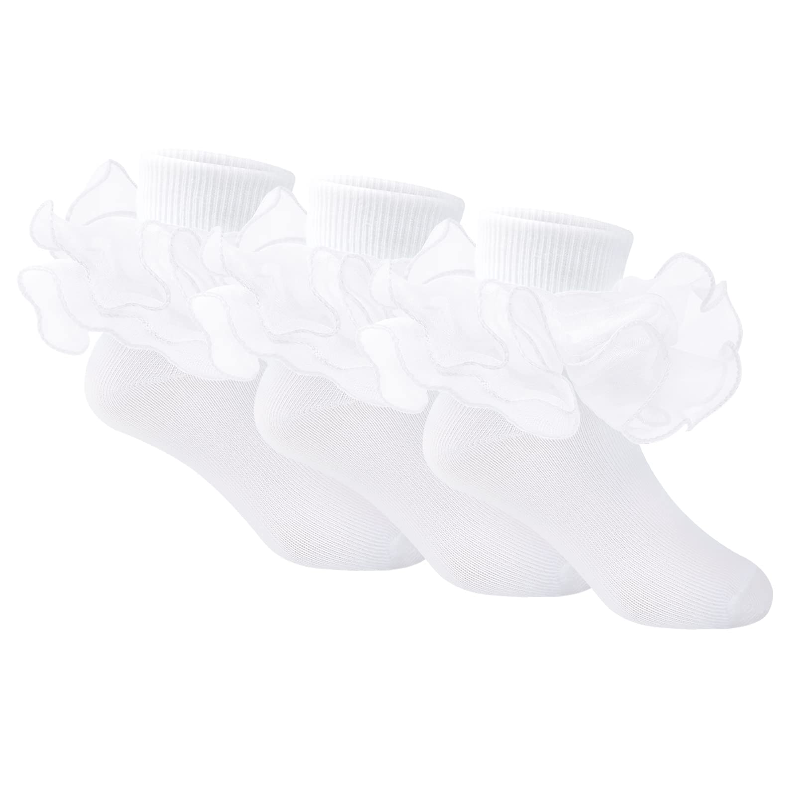 Auranso 3 Pack Girls Lace Ruffle Socks Big Double Frilly Turn Cuff Dress Socks White 18-24 Months