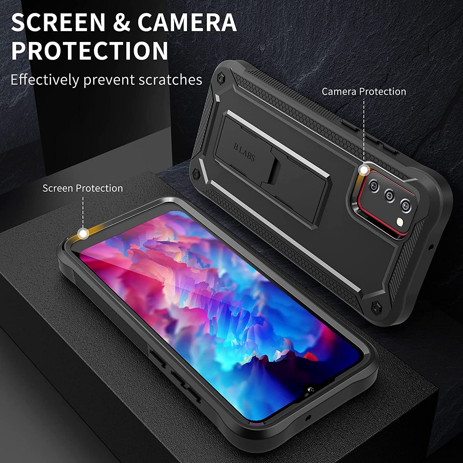 B LABS Compatible with Samsung Galaxy A02s Phone Case - Ultimate Drop Protection with Built-in Screen Protector and Kickstand (Black)