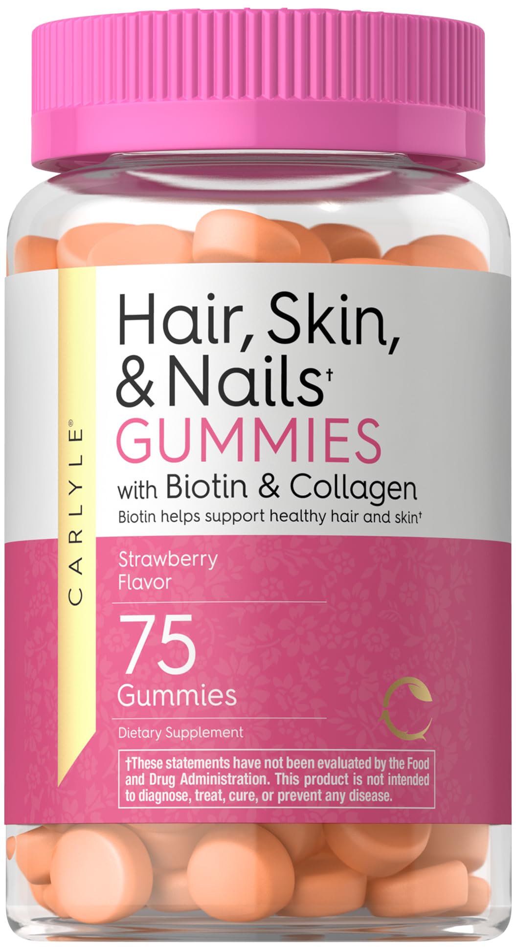 Carlyle Hair Skin and Nails Vitamins | 75 Gummies | with Biotin and Collagen | Gummy Supplement for Women | Strawberry Flavor | Non-GMO, Gluten Free