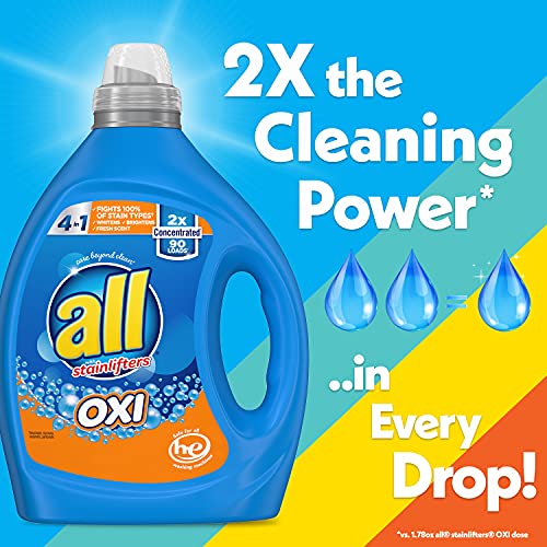 all Laundry Detergent Liquid, Fights Tough Stains with OXI Power, High Efficiency Compatible, 2X Concentrated, 90 Loads