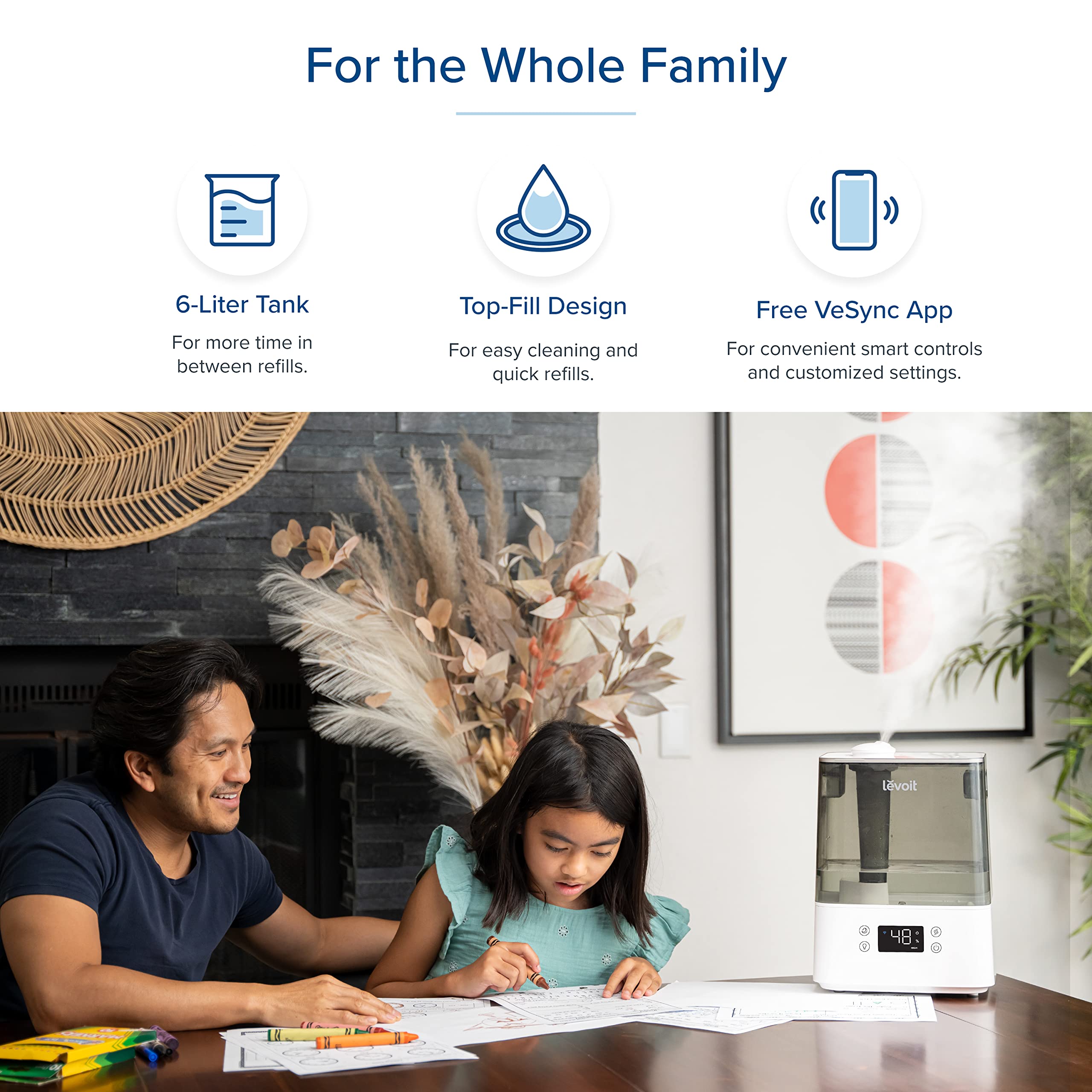 LEVOIT Humidifiers, White & Humidifiers for Bedroom Large Room Home, Smart Wifi Alexa Control, 6L Top Fill Cool Mist, Gray
