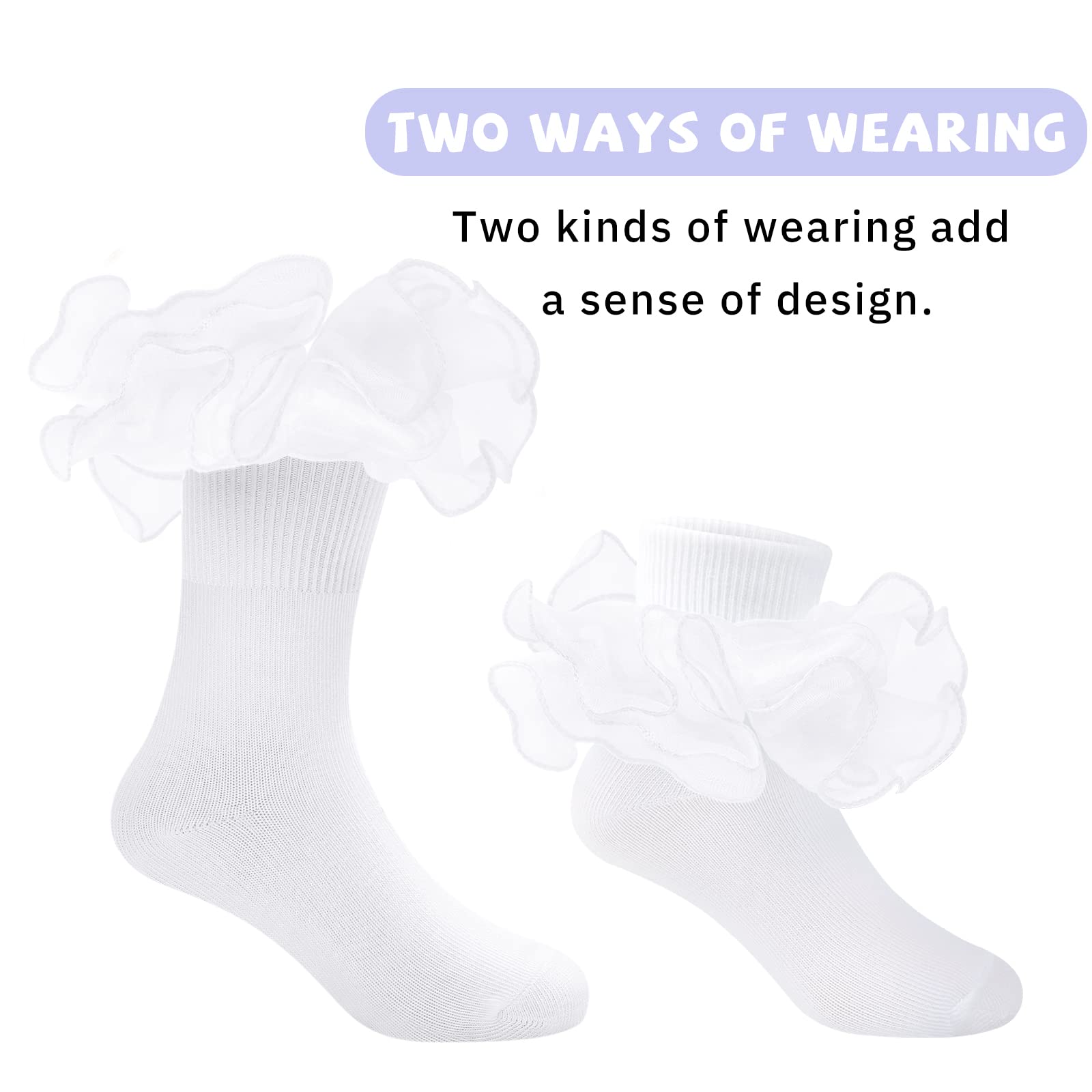 Auranso 3 Pack Girls Lace Ruffle Socks Big Double Frilly Turn Cuff Dress Socks White 18-24 Months