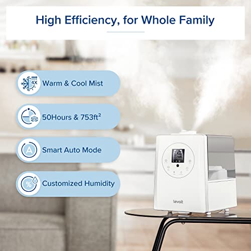 LEVOIT Humidifiers for Bedroom Large Room Home, 6L Warm and Cool Mist Ultrasonic Air Vaporizer for Plants and Whole House (2.4L Water Tank), Built-in Humidity Sensor, Essential Oil Diffuser, Whisper Quiet, Timer, White