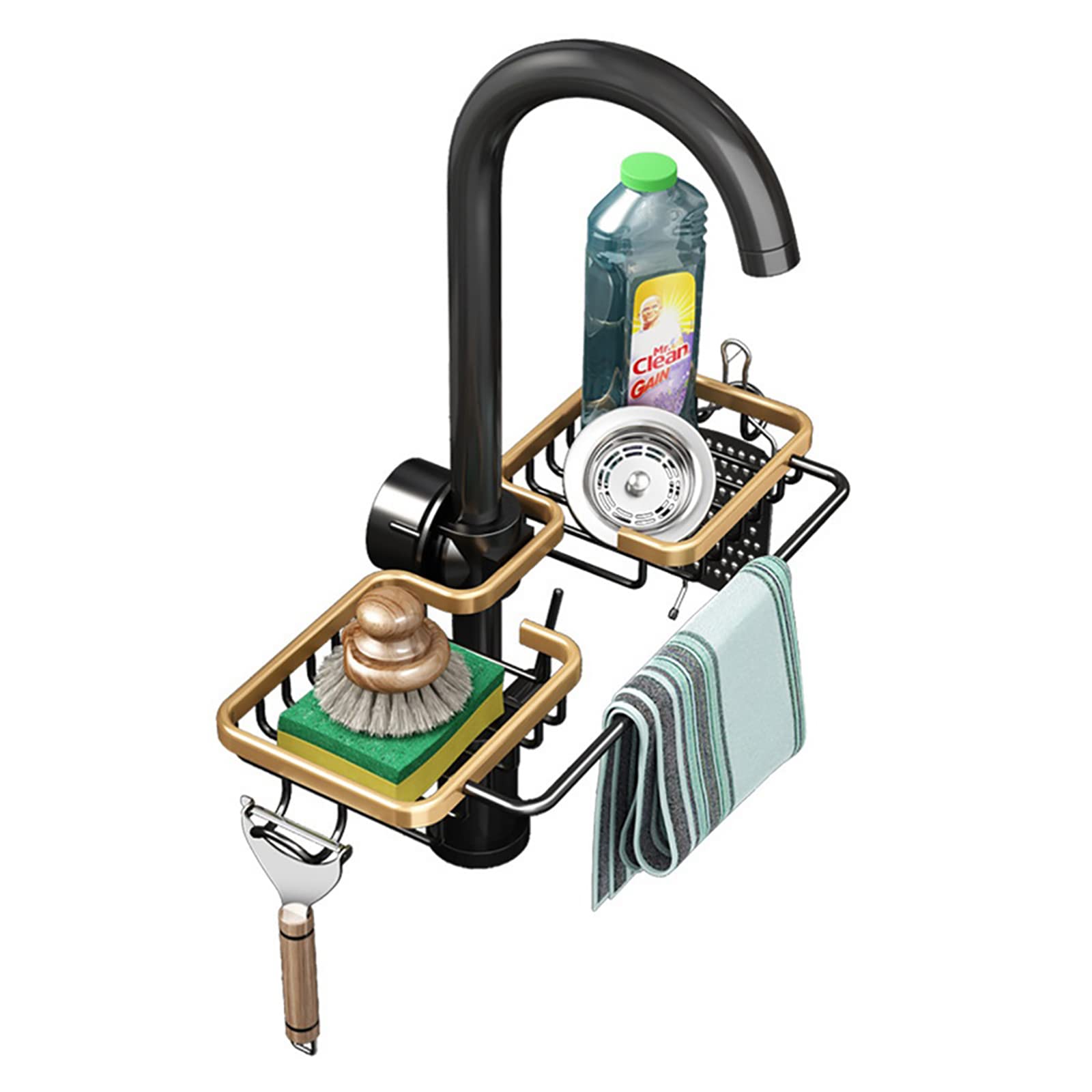 Swovo Dish Sponge Holder, Aluminum Dish Towel Organizer with Dish Towels Drying Rack and Hooks for 0.7"-1.1" Diameter Kitchen Sink Faucets (Black+Gold)