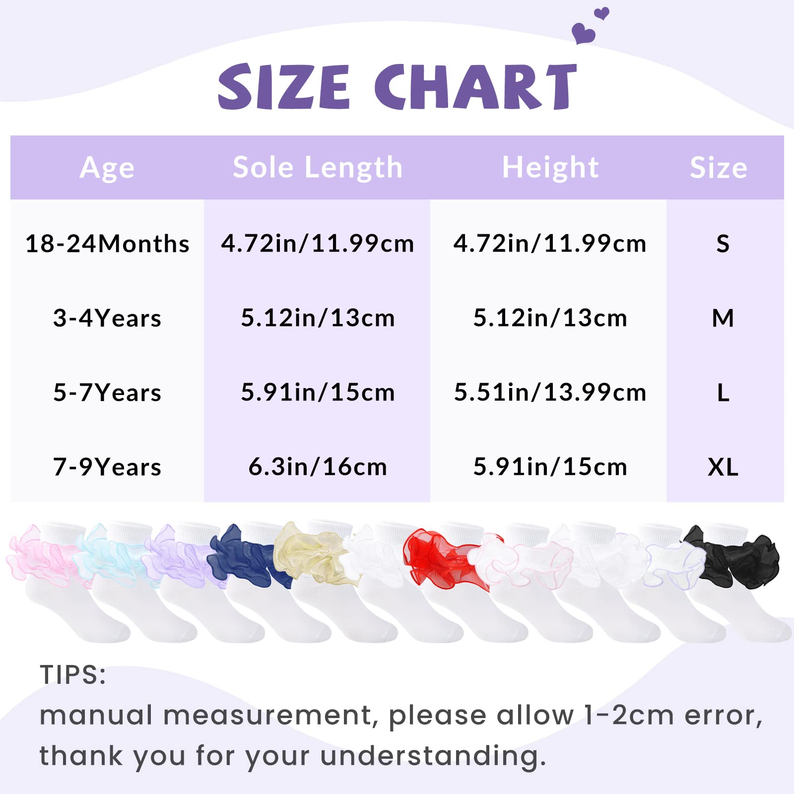 Auranso 3 Pack Girls Lace Ruffle Socks Big Double Frilly Turn Cuff Dress Socks White 18-24 Months