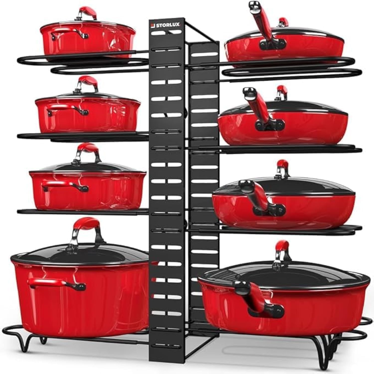 STORLUX Pot and Pan Organizer for Cabinet, Adjustable 8 Non-Slip Tiers Pot Rack with 3 DIY Methods, Kitchen Cabinet Organizer for Pots and Pans, Black Steel Cookware Organizer (UPGRADED)