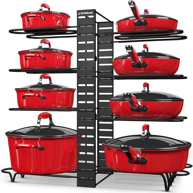 STORLUX Pot and Pan Organizer for Cabinet, Adjustable 8 Non-Slip Tiers Pot Rack with 3 DIY Methods, Kitchen Cabinet Organizer for Pots and Pans, Black Steel Cookware Organizer (UPGRADED)