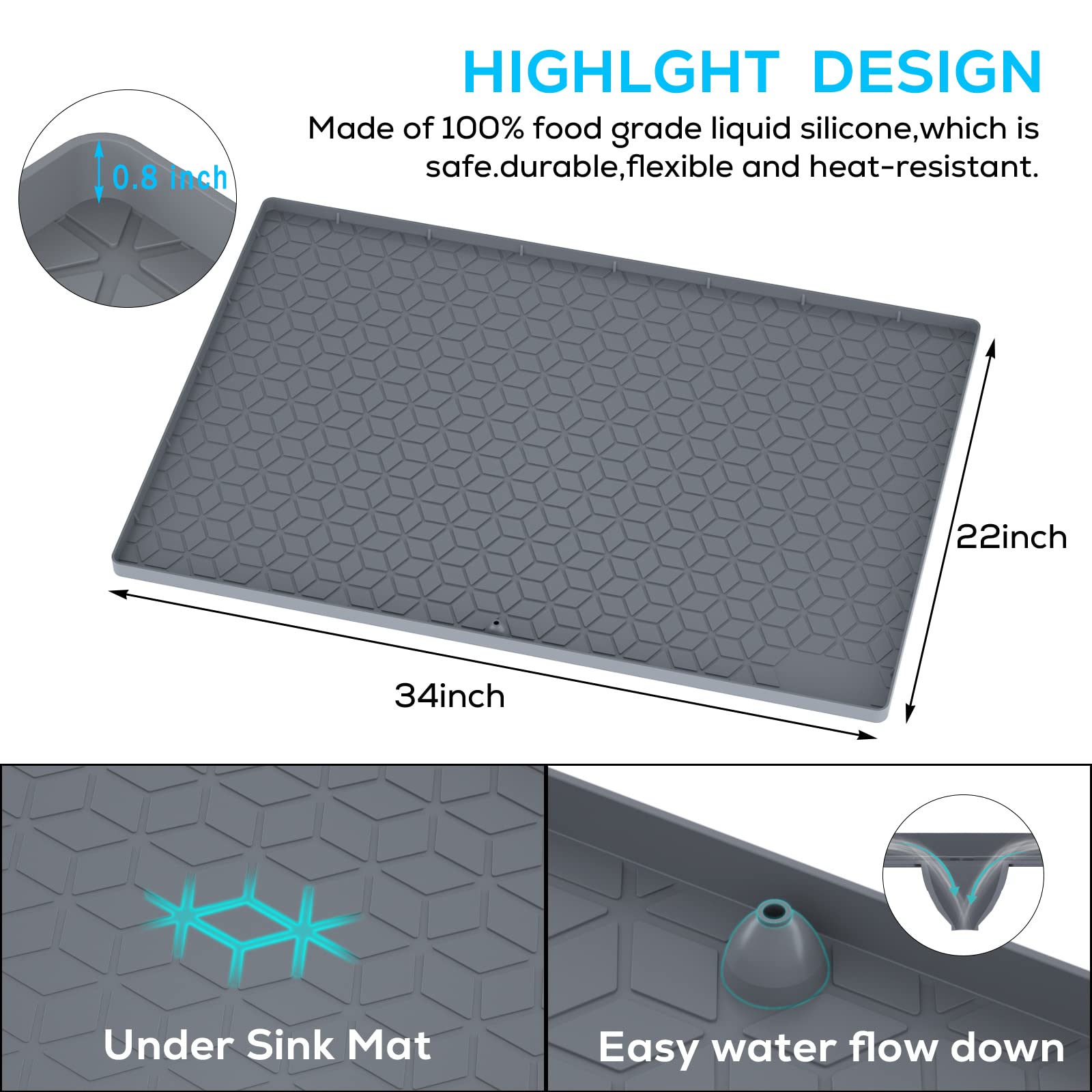 Under Sink Mat for Kitchen, 34"x22" Silicone Waterproof Under Sink Shelf Liner, Flexible Sink Cabinet Organizer Tray, Hold up to 3.3 Gallons Liquid, Sink Protector Tray with Drain Hole Easy to Clean