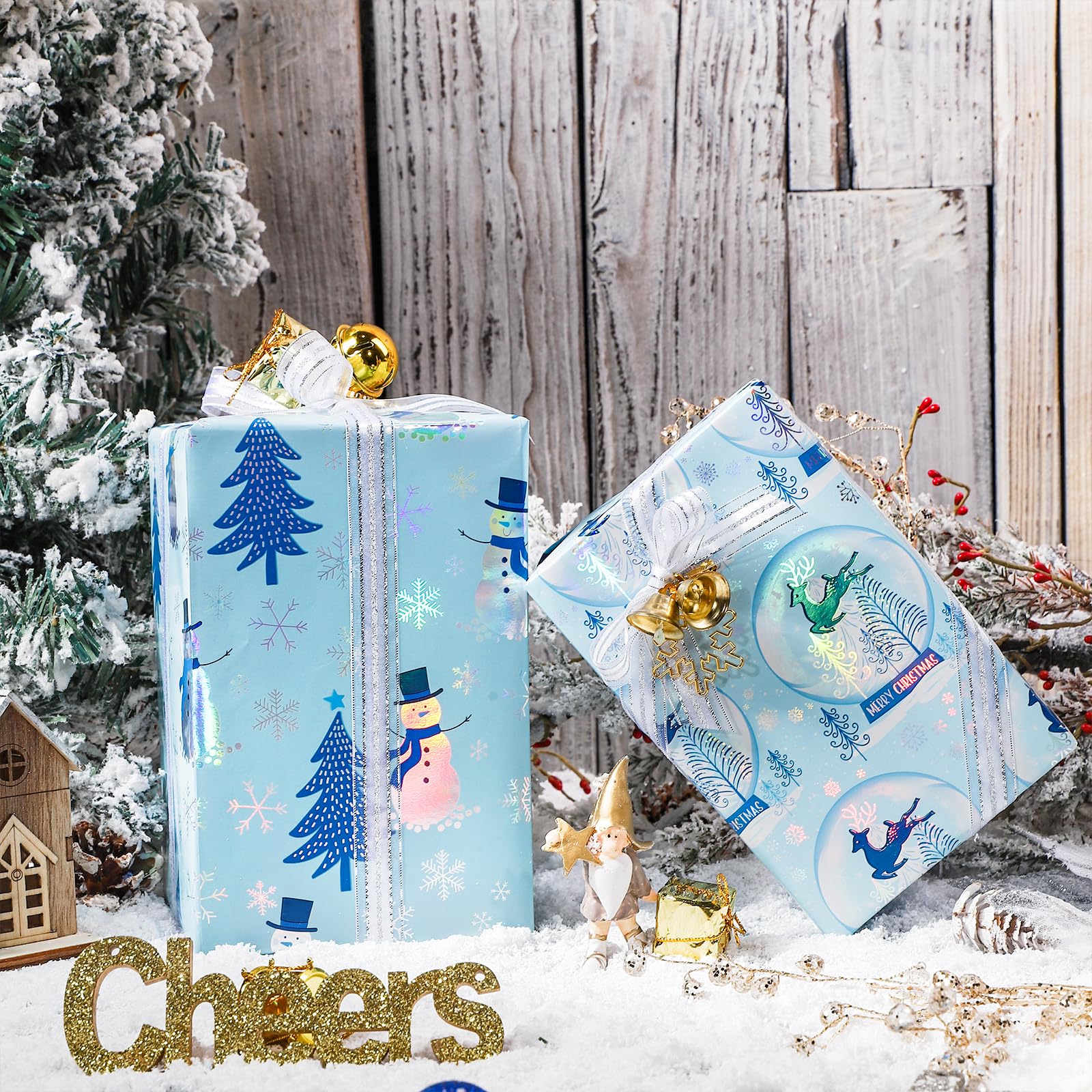LeZakaa Blue Christmas Wrapping Paper - Mini Roll with Metallic Foil - Snowman/Crystal Ball/Snowflake for Gift Wrap, DIY Craft - 17 x 120 inches - 3 Rolls (42.5 sq.ft.ttl.)
