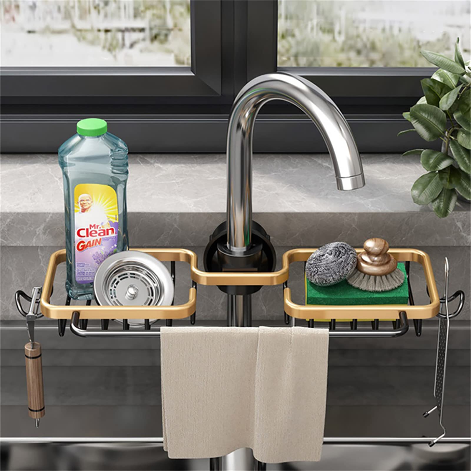 Swovo Dish Sponge Holder, Aluminum Dish Towel Organizer with Dish Towels Drying Rack and Hooks for 0.7"-1.1" Diameter Kitchen Sink Faucets (Black+Gold)