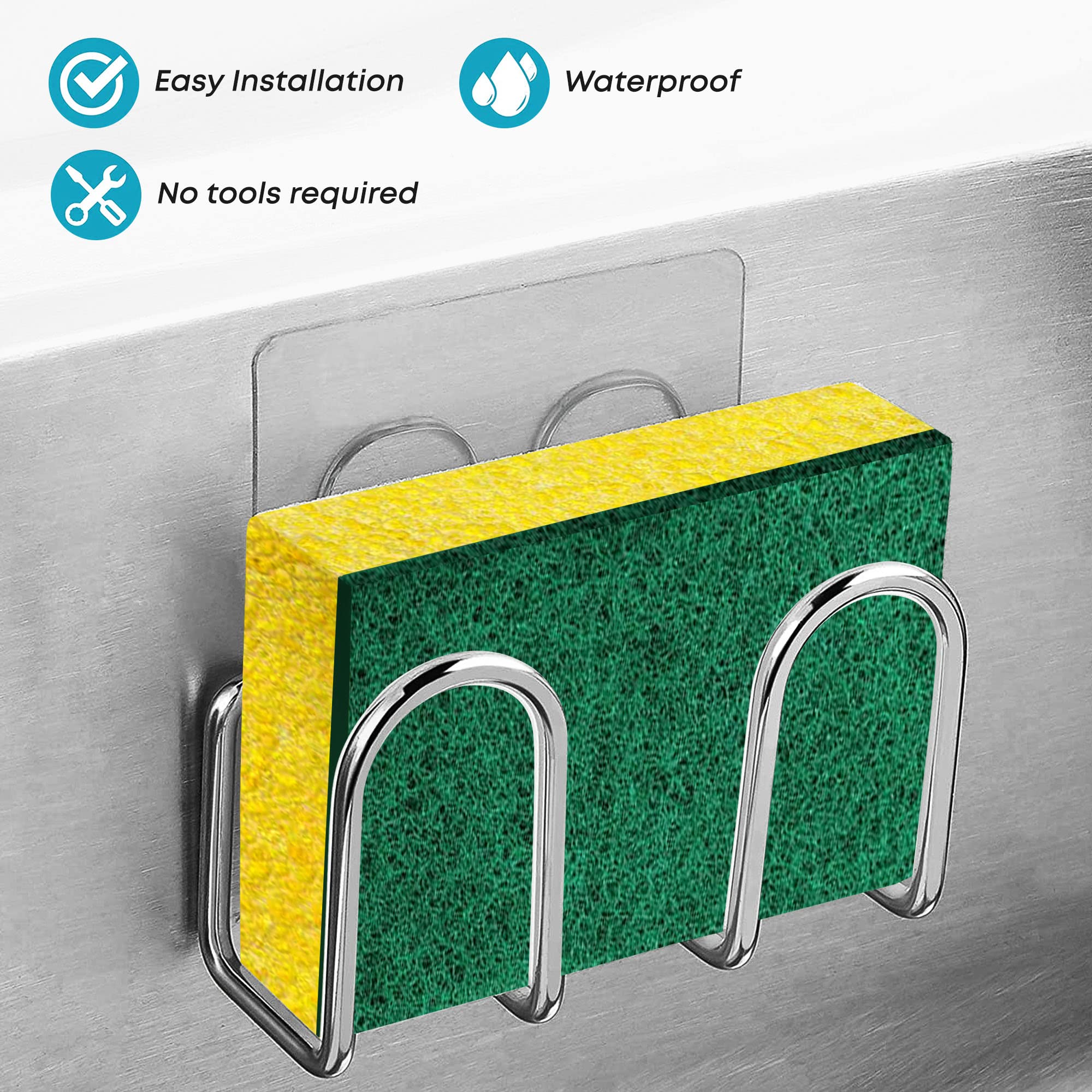 Sponge Holder Sink Caddy for Kitchen Accessories, No Drilling Adhesive ,Rustproof SUS304 Stainless Steel