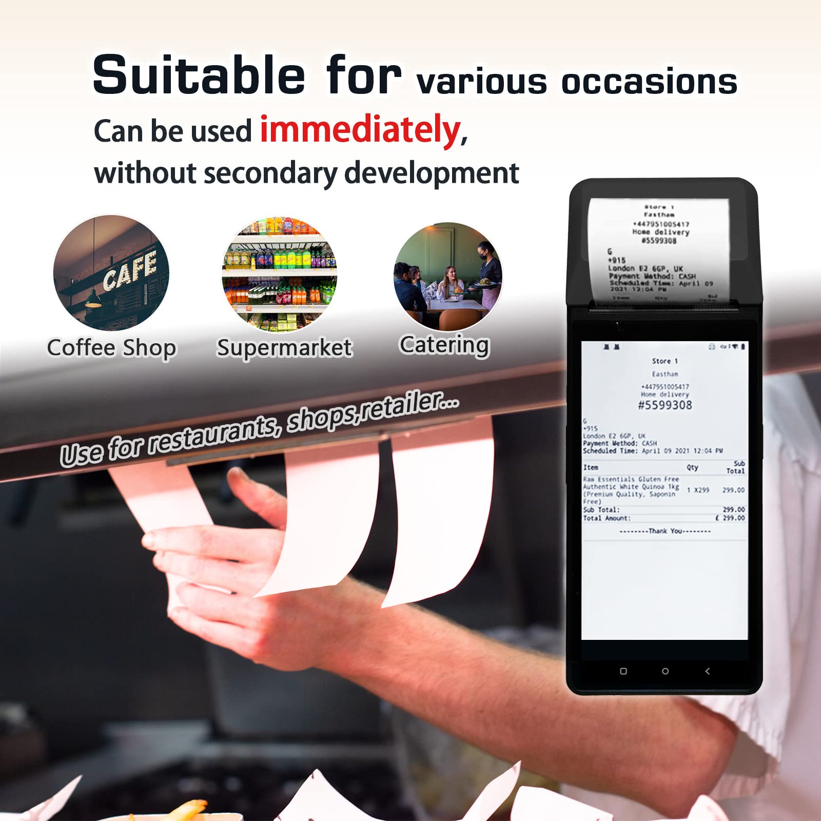 SMAJAYU Pos Terminal Receipt Printer Android 10 Handheld Mobile POS with 4G,WiFi,Bluetooth, 58mm Thermal Receipt Printing for Small Business Retail,Built-in Google Play Support Android Software