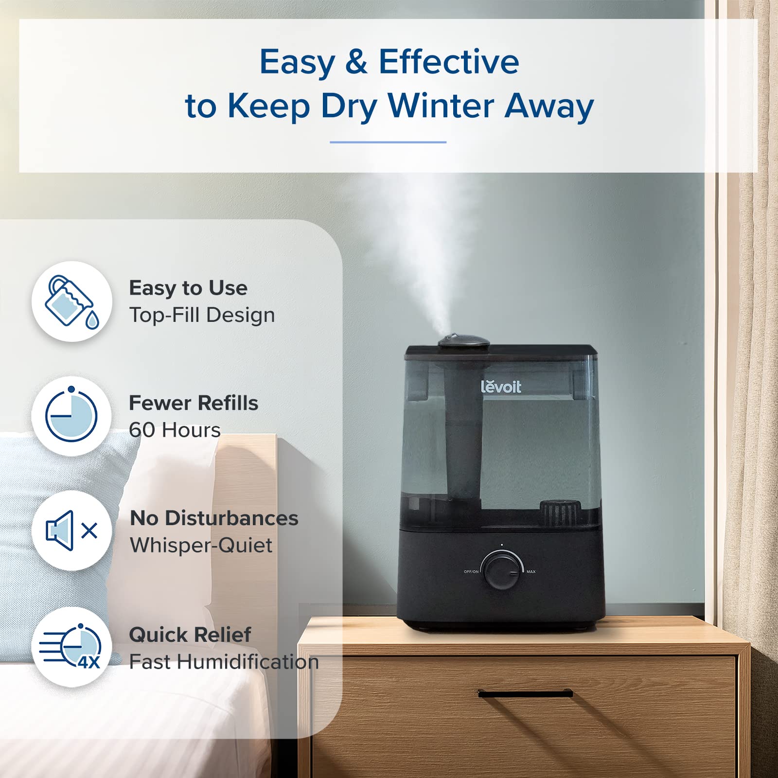 LEVOIT Humidifiers for Bedroom Large Room, 3L Cool Mist Top Fill Oil Diffuser & LEVOIT 60-Hour Humidifiers for Bedroom, 6L Quiet Cool Mist Top Fill Air Vaporizer