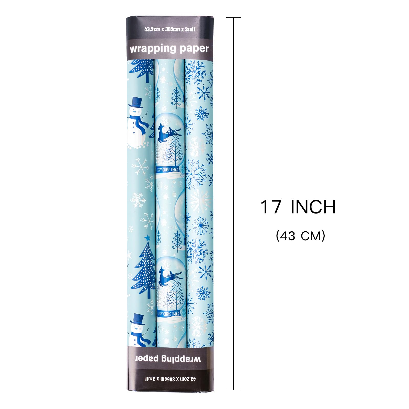 LeZakaa Blue Christmas Wrapping Paper - Mini Roll with Metallic Foil - Snowman/Crystal Ball/Snowflake for Gift Wrap, DIY Craft - 17 x 120 inches - 3 Rolls (42.5 sq.ft.ttl.)