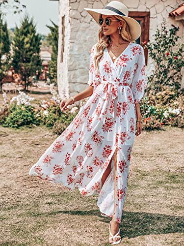 ANRABESS Women Kimono Summer Side Split Wrap V Neck Short Sleeves Maxi Dress Floral Print Beach Dress with Belt 487honghuacao-XL