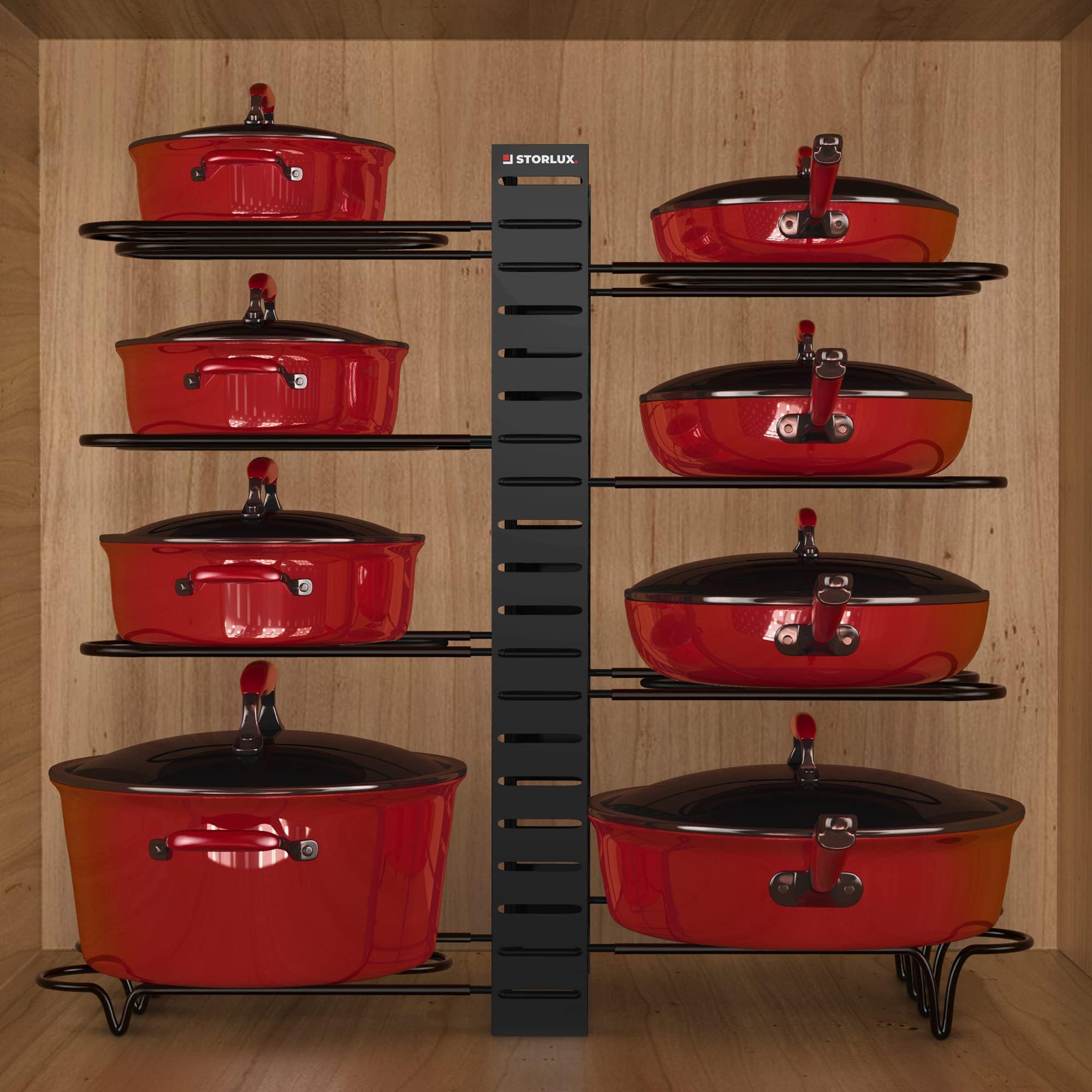 STORLUX Pot and Pan Organizer for Cabinet, Adjustable 8 Non-Slip Tiers Pot Rack with 3 DIY Methods, Kitchen Cabinet Organizer for Pots and Pans, Black Steel Cookware Organizer (UPGRADED)