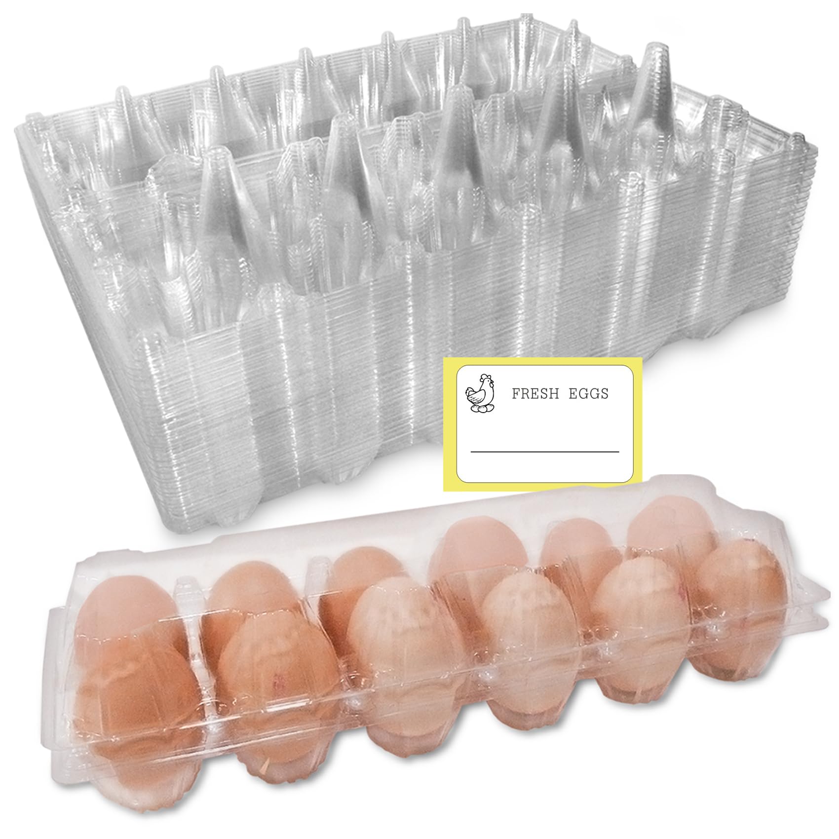 Large Egg Cartons 30 Packs with Sticker Labels , Plastic Egg Carton for 12 Eggs, Cheap Bulk Egg Tray Egg Container Holder for Refrigerator, Storage, Family, Chicken Farm, Market, Camping