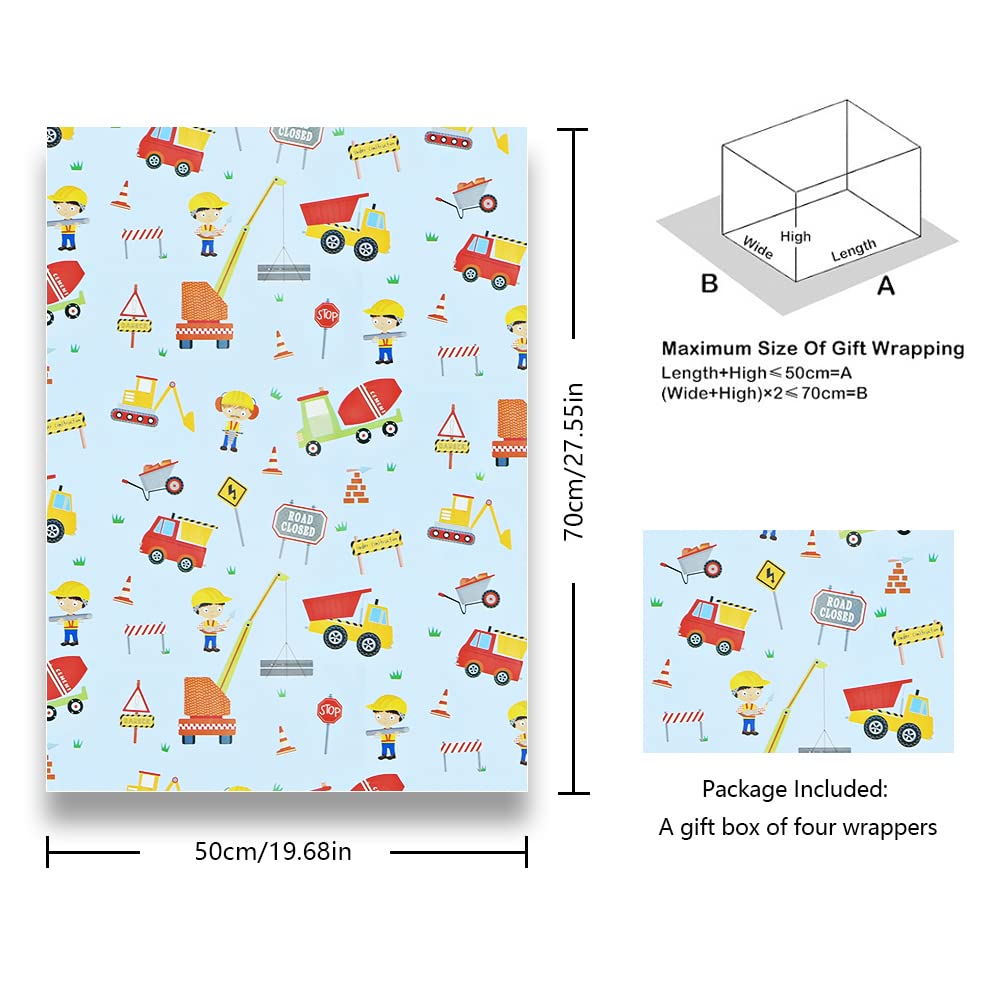 Road Under Construction Tractor Truck On Light Blue Wrapping paper for Kids Boys Men Birthday Party Baby Shower Holiday Christmas Gift Wrap - Folded Flat 30 x 20 Inch - 4 Sheets