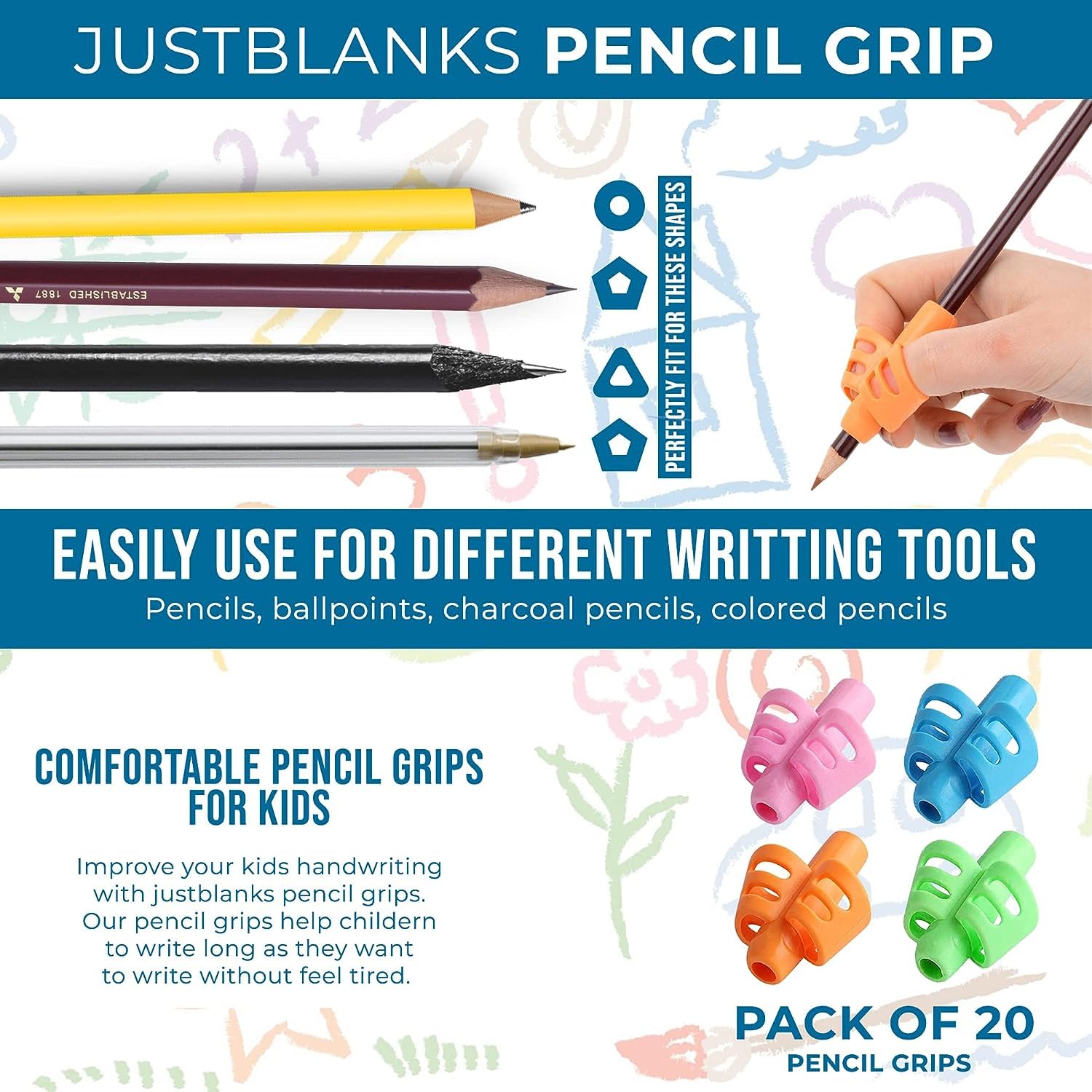 JustBlanks 20 Pcs Pencil Grips for Kids Handwriting - Pencil Holders for Kids, Pencil Grippers Writing Tool, Writing Posture Correction Tools for Toddlers, Preschoolers Special Needs for Classroom