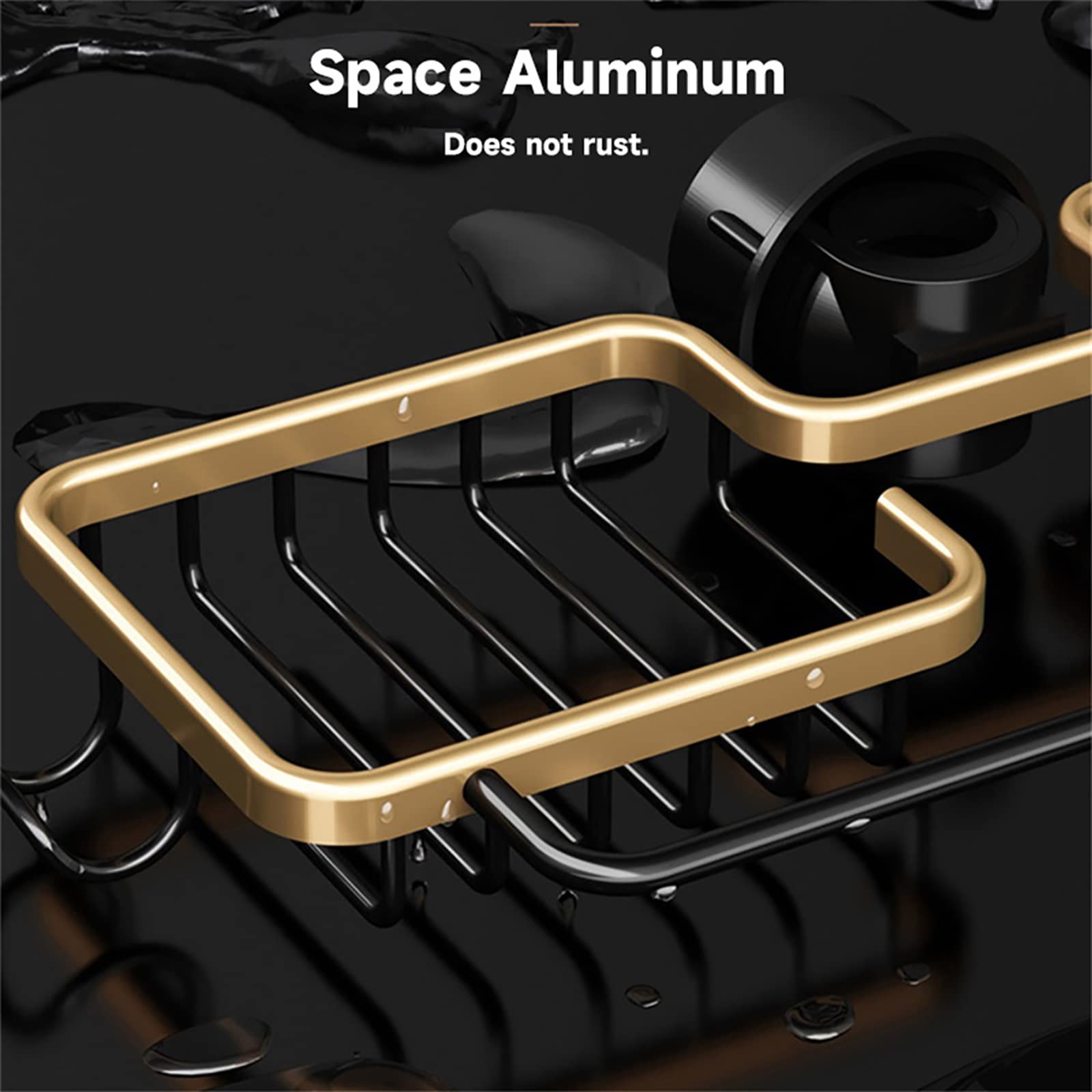Swovo Dish Sponge Holder, Aluminum Dish Towel Organizer with Dish Towels Drying Rack and Hooks for 0.7"-1.1" Diameter Kitchen Sink Faucets (Black+Gold)