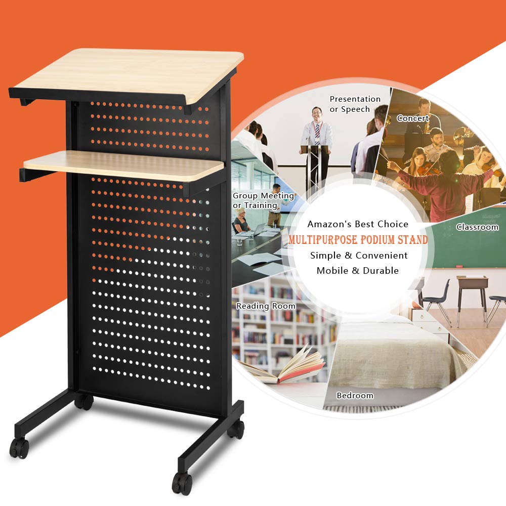 Bonnlo Mobile Wheeled Lectern Standing Podium, Portable Lecture Speech Teach Platform for Classroom Church or Ceremony, Multi-Function Reading or Laptop Desk, Table w/Tilted Top Board & Edge Stopper