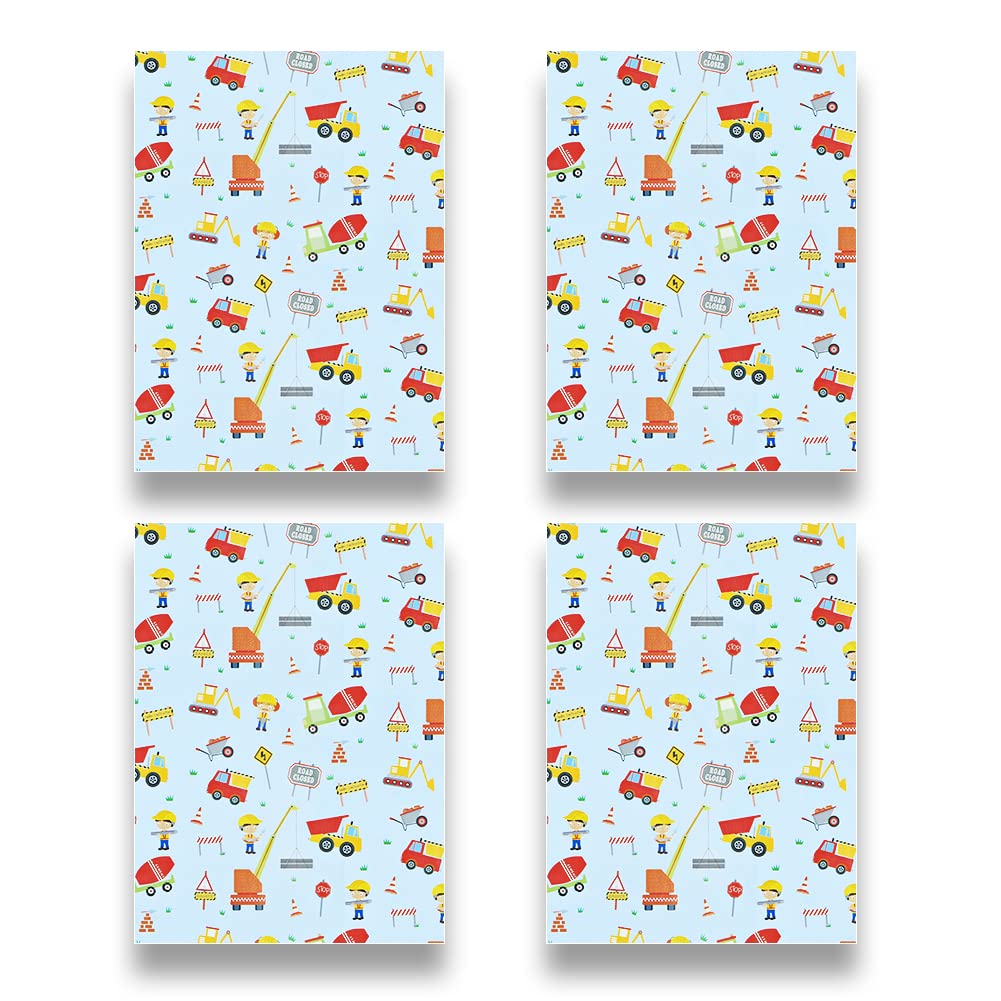 Road Under Construction Tractor Truck On Light Blue Wrapping paper for Kids Boys Men Birthday Party Baby Shower Holiday Christmas Gift Wrap - Folded Flat 30 x 20 Inch - 4 Sheets