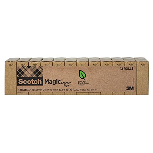 Scotch Magic Greener Tape, 12 Rolls, Numerous Applications, Invisible, Engineered for Repairing, 3/4 x 900 Inches, Boxed (812-12P)