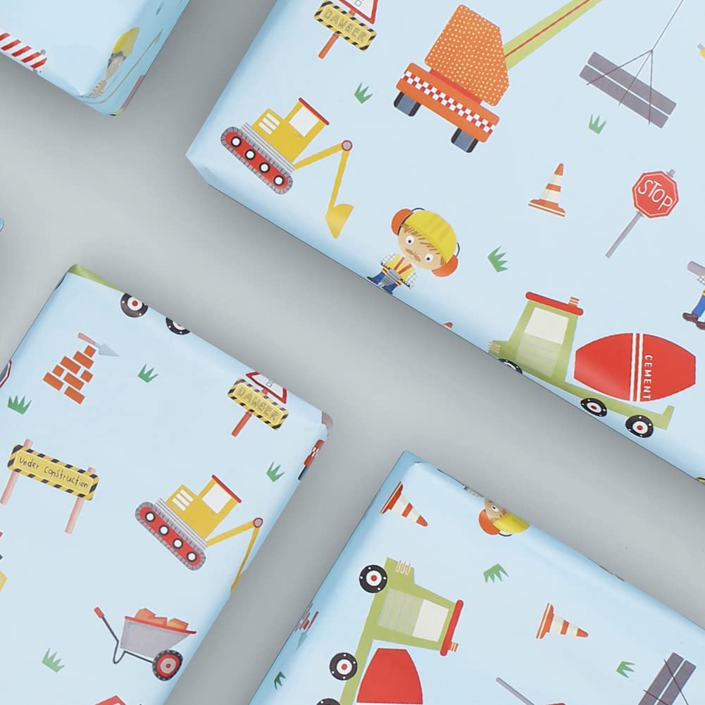 Road Under Construction Tractor Truck On Light Blue Wrapping paper for Kids Boys Men Birthday Party Baby Shower Holiday Christmas Gift Wrap - Folded Flat 30 x 20 Inch - 4 Sheets