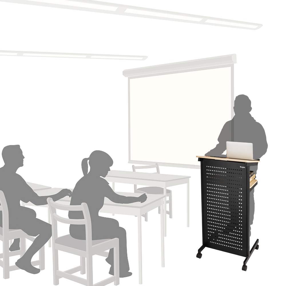Bonnlo Mobile Wheeled Lectern Standing Podium, Portable Lecture Speech Teach Platform for Classroom Church or Ceremony, Multi-Function Reading or Laptop Desk, Table w/Tilted Top Board & Edge Stopper