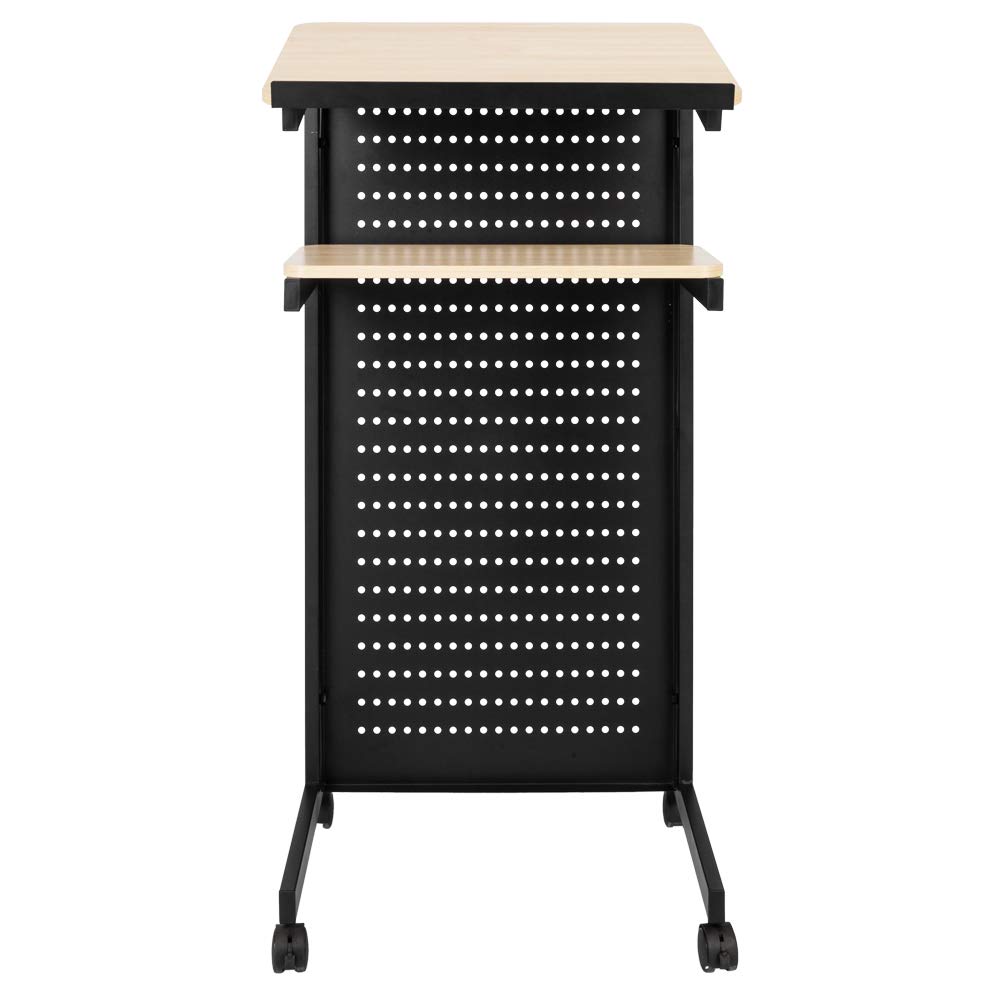 Bonnlo Mobile Wheeled Lectern Standing Podium, Portable Lecture Speech Teach Platform for Classroom Church or Ceremony, Multi-Function Reading or Laptop Desk, Table w/Tilted Top Board & Edge Stopper