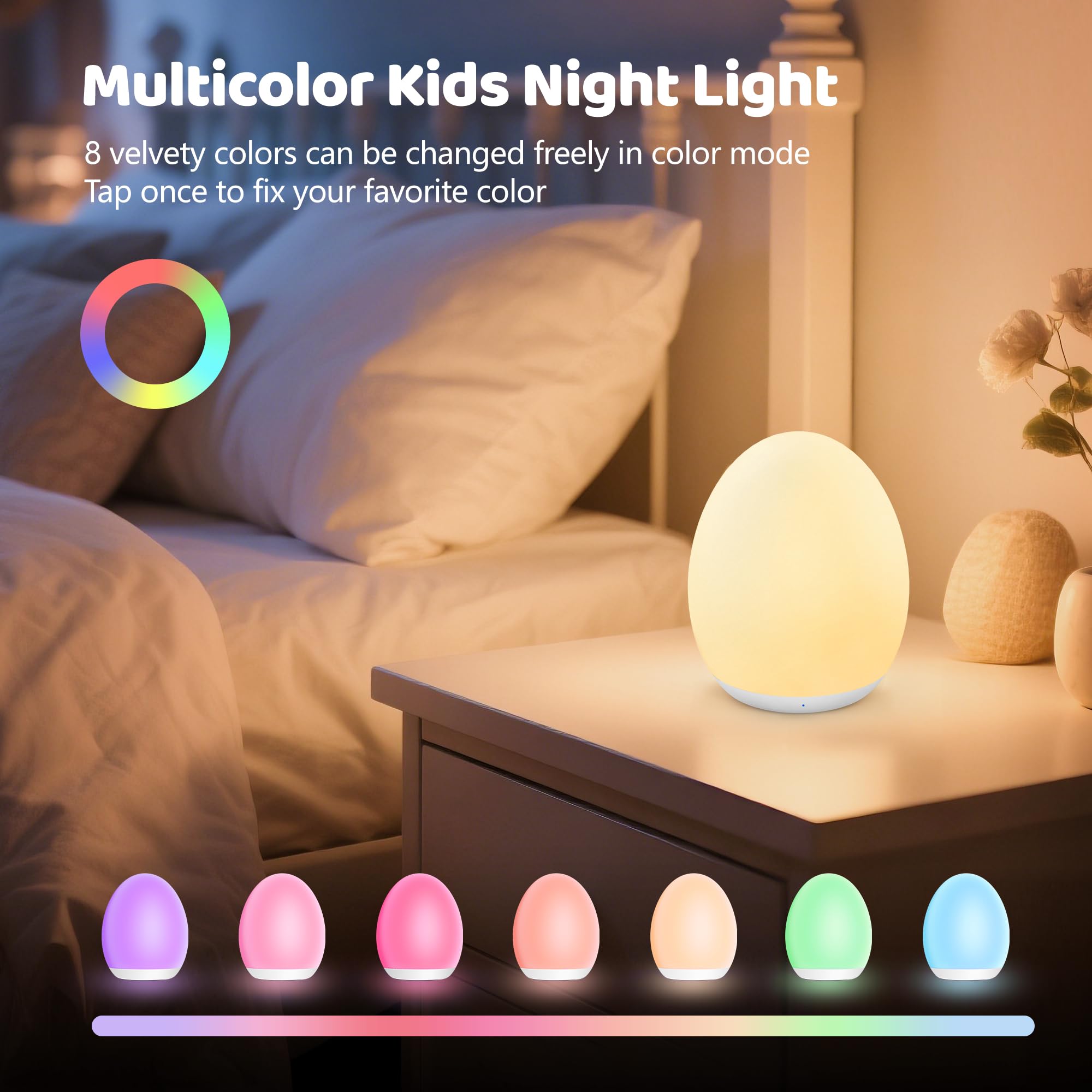 MediAcous Night Light for Kids, Baby Night Light with 8 Colors Changing & Dimming Function, Rechargeable Night Light with 1 Hour Timer & Touch Control, Up to 100H