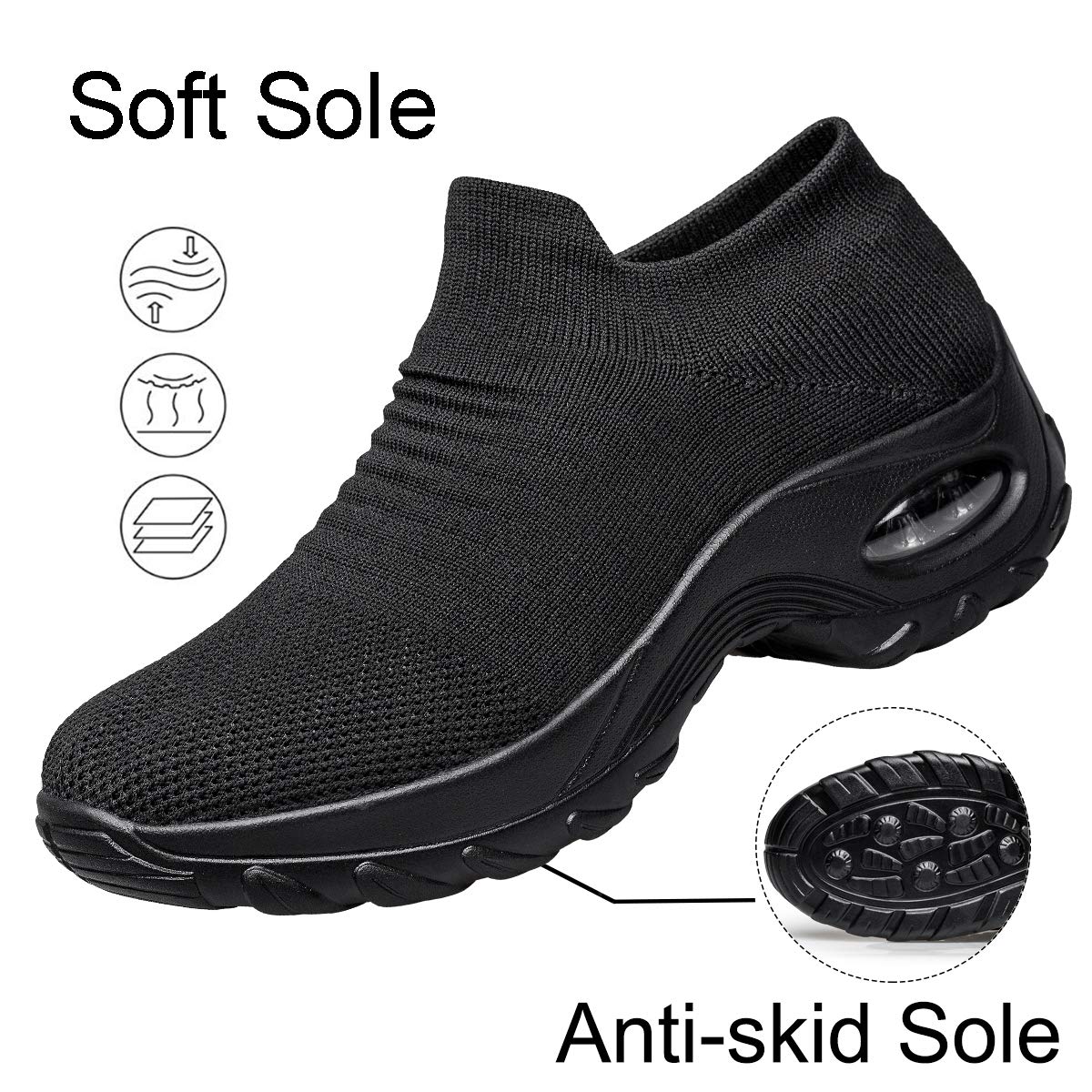 YHOON Women's Walking Shoes - Sock Sneakers Slip on Mesh Platform Air Cushion Athletic Shoes Work Nurse Comfortable Black 7
