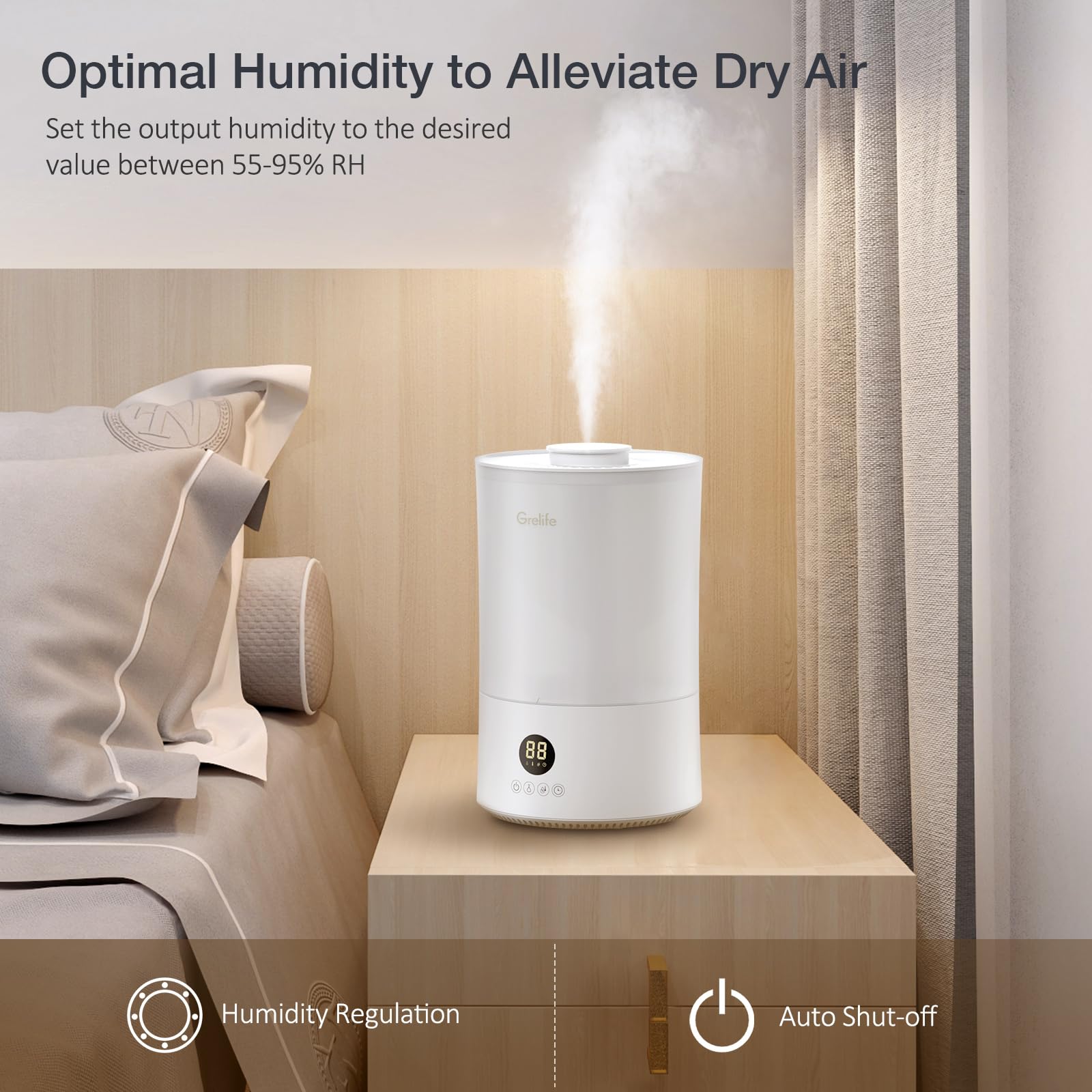 Humidifiers for Bedroom, Grelife 4L Top Fill Cool Mist Humidifier for Home Large Room, Baby Nursery & Plants, Quiet Ultrasonic Air Humidifier with Night Light, Humidistat, Auto Shut-Off, Timer