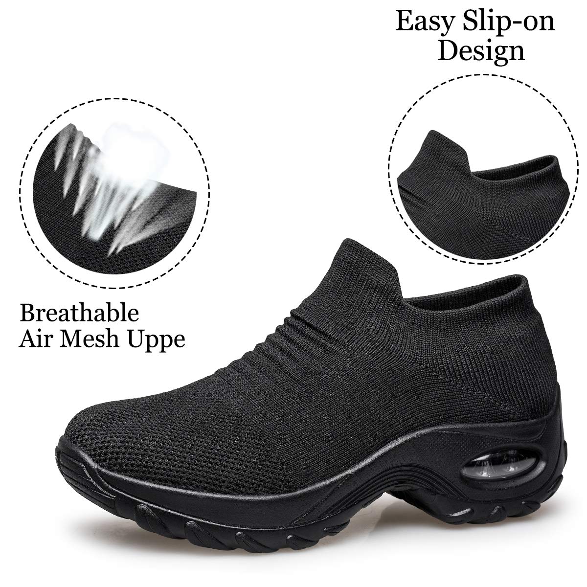 YHOON Women's Walking Shoes - Sock Sneakers Slip on Mesh Platform Air Cushion Athletic Shoes Work Nurse Comfortable Black 7