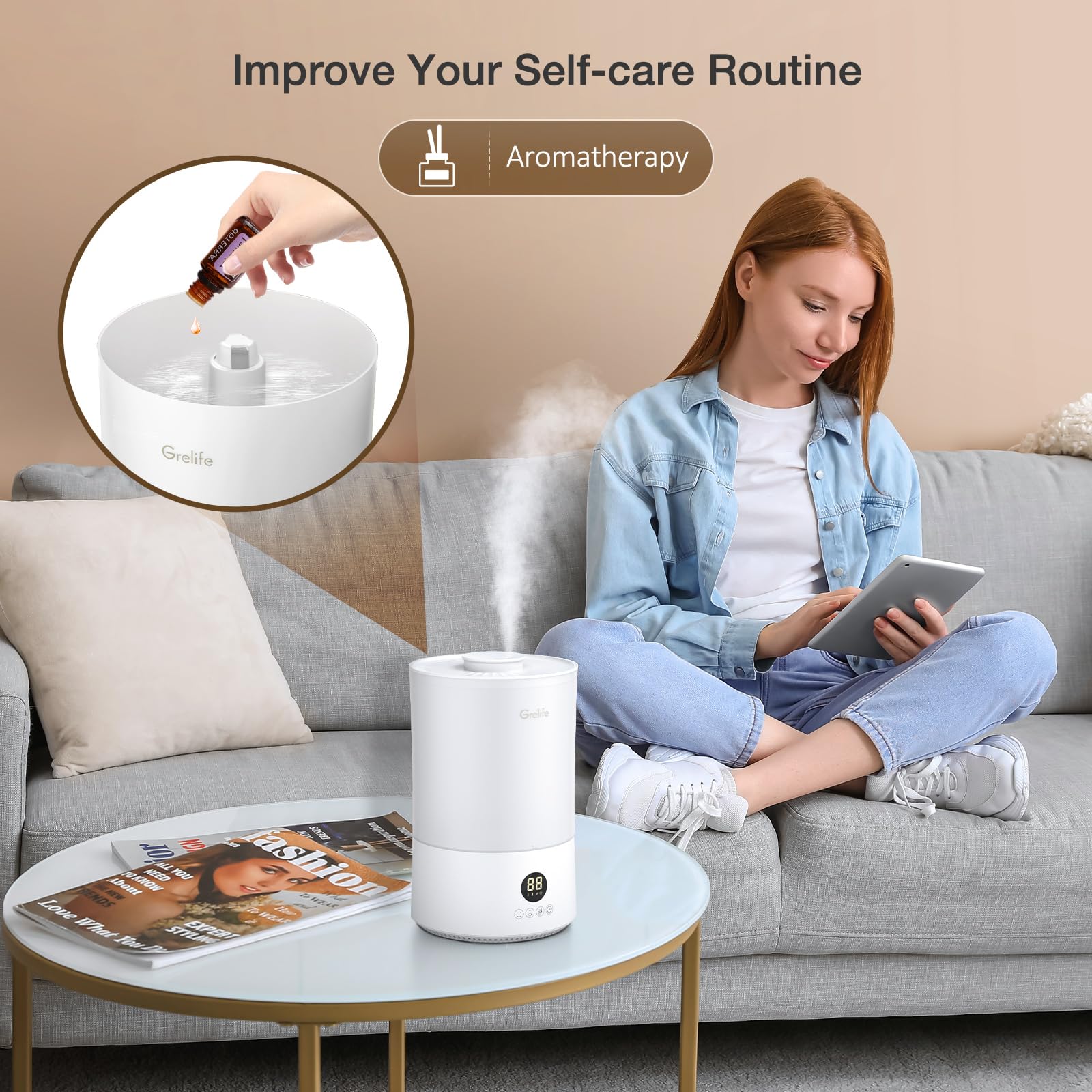 Humidifiers for Bedroom, Grelife 4L Top Fill Cool Mist Humidifier for Home Large Room, Baby Nursery & Plants, Quiet Ultrasonic Air Humidifier with Night Light, Humidistat, Auto Shut-Off, Timer