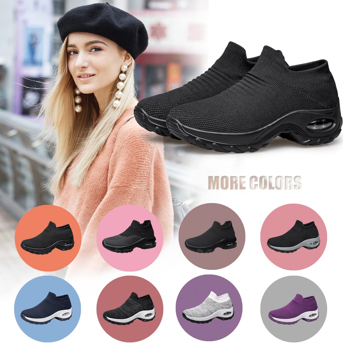 YHOON Women's Walking Shoes - Sock Sneakers Slip on Mesh Platform Air Cushion Athletic Shoes Work Nurse Comfortable Black 7