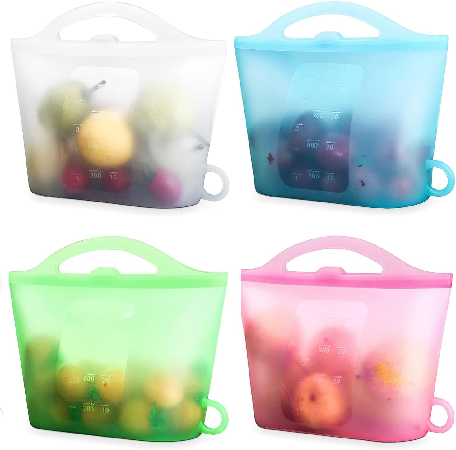 XUANMEIKE Silicone Food Storage Bags 4 Packs of Reusable Food Storage Bags(Upright)Suitable for Storage of Various Foods Freezing, Keeping Fresh, Cooking, Heating(Blue White Pink Green)