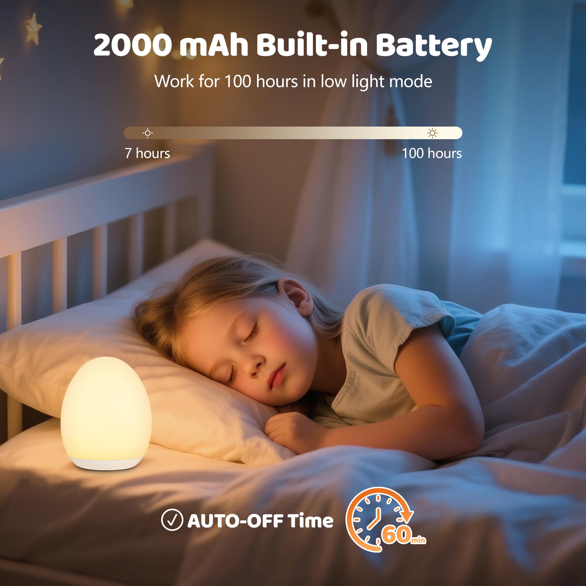 MediAcous Night Light for Kids, Baby Night Light with 8 Colors Changing & Dimming Function, Rechargeable Night Light with 1 Hour Timer & Touch Control, Up to 100H