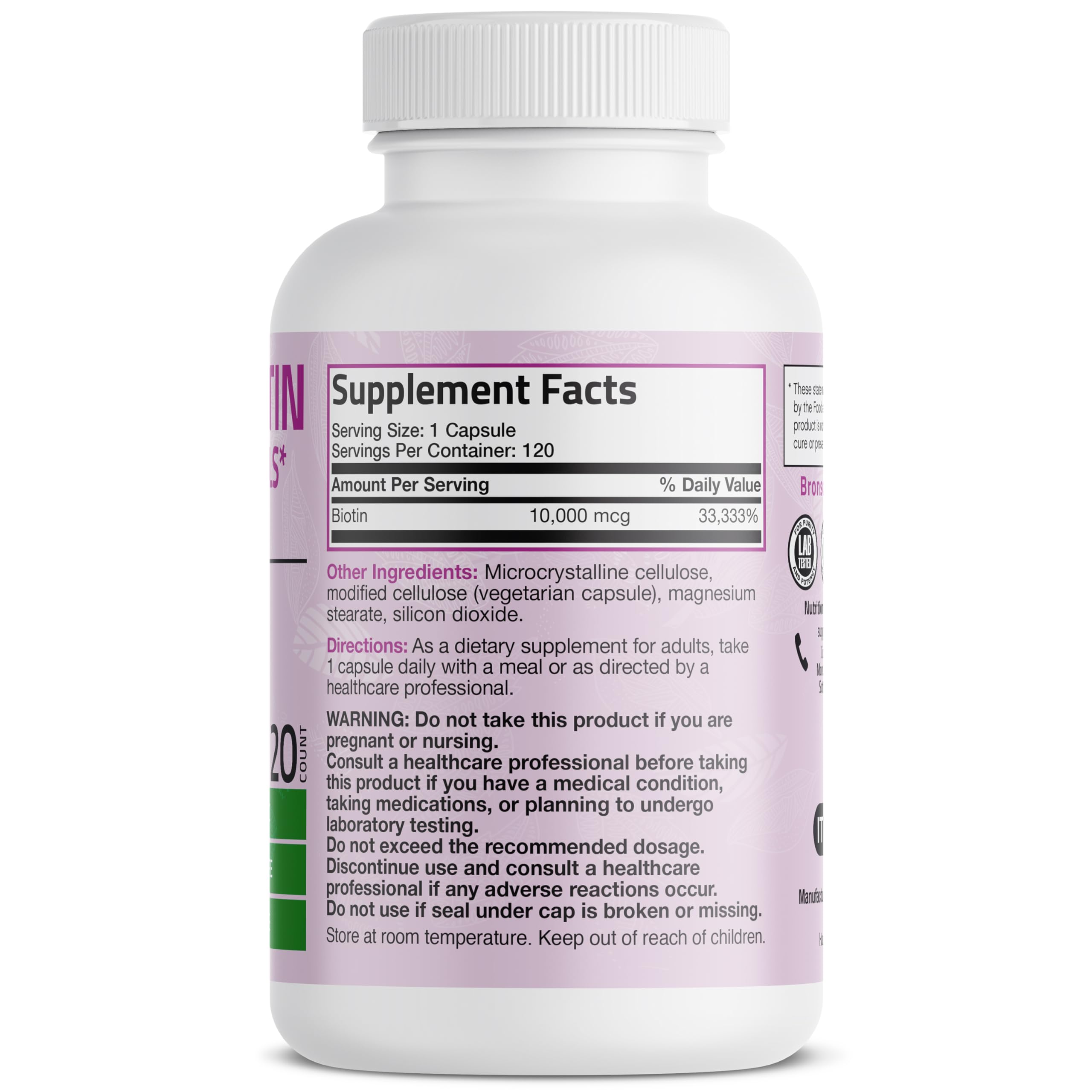 Bronson Ultra Biotin 10,000 Mcg Hair Skin and Nails Supplement, Non-GMO, 120 Vegetarian Capsules