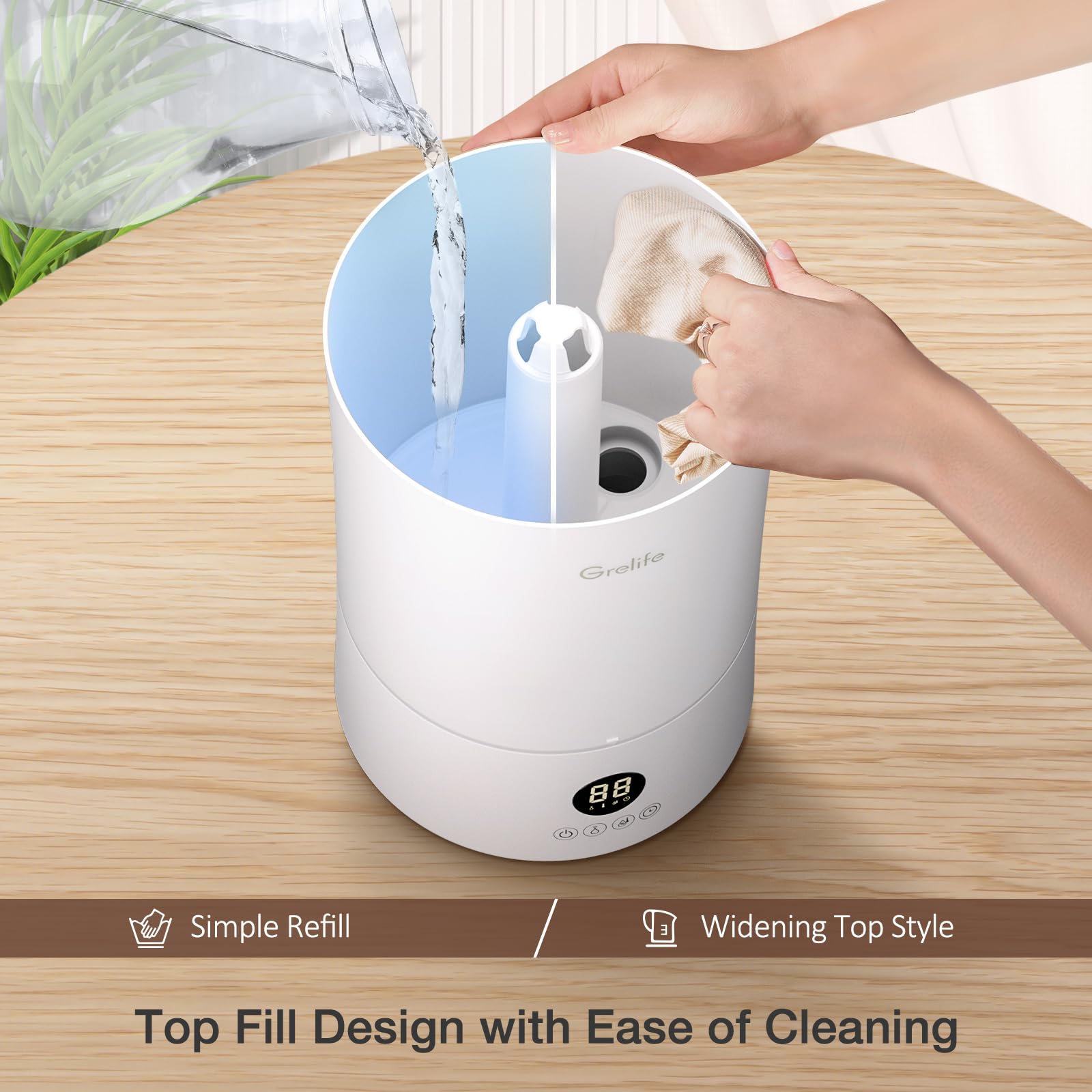 Humidifiers for Bedroom, Grelife 4L Top Fill Cool Mist Humidifier for Home Large Room, Baby Nursery & Plants, Quiet Ultrasonic Air Humidifier with Night Light, Humidistat, Auto Shut-Off, Timer