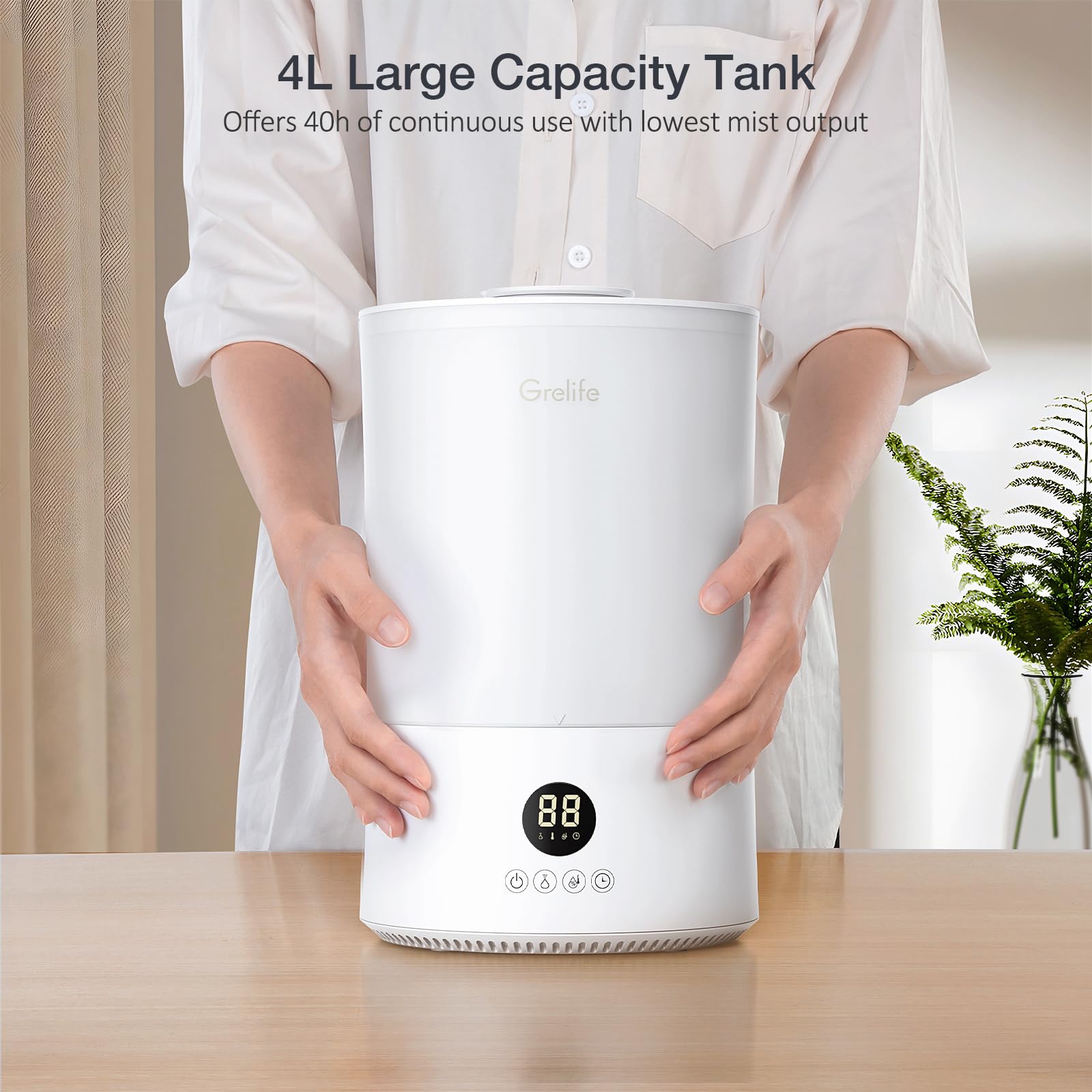 Humidifiers for Bedroom, Grelife 4L Top Fill Cool Mist Humidifier for Home Large Room, Baby Nursery & Plants, Quiet Ultrasonic Air Humidifier with Night Light, Humidistat, Auto Shut-Off, Timer