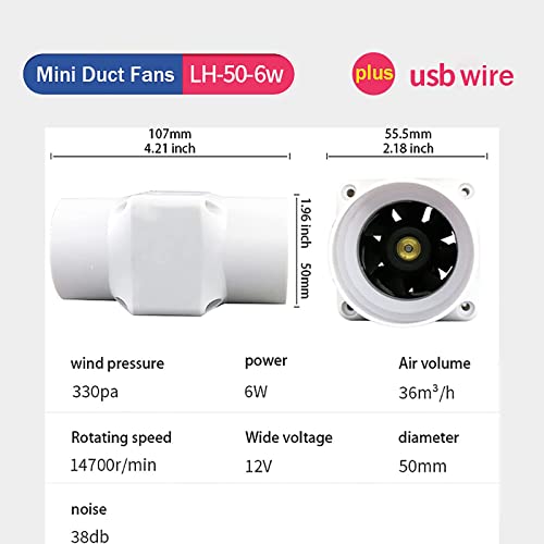MOLAB Inline Duct Fan, Bathroom Exhaust Fan, 2 Inch Inline Duct Fan with Power Supply, Powerful Exhaust Fan Kitchen 12V 6W Mini Blower for Bathroom Office Hall Hydroponic Kitchen(Color:1)