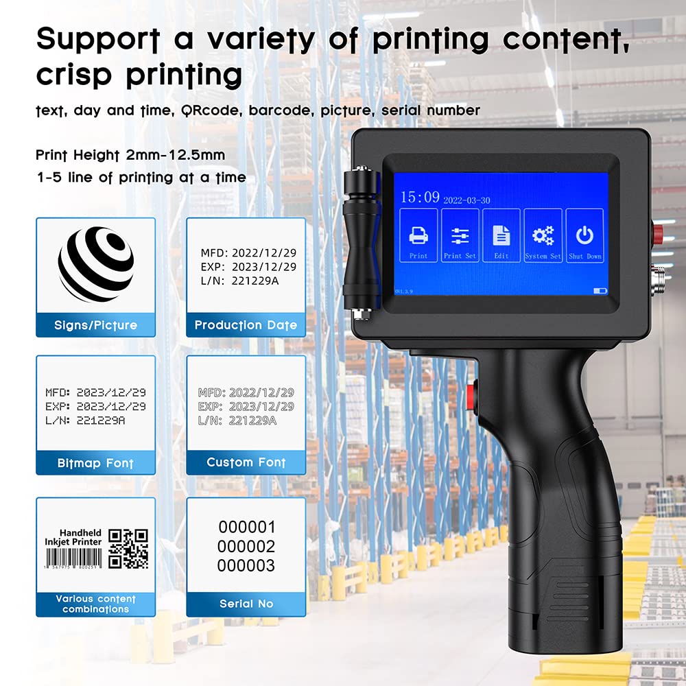 BESHENG Handheld Inkjet Printer JS12H1 with Touch Screen Inkjet Coder with Quick-Drying Ink Handheld Printer Printing Height 0.08-0.5Inch for Variable Text QRCode/Date/Barcode/Logo/Batch Number/Label